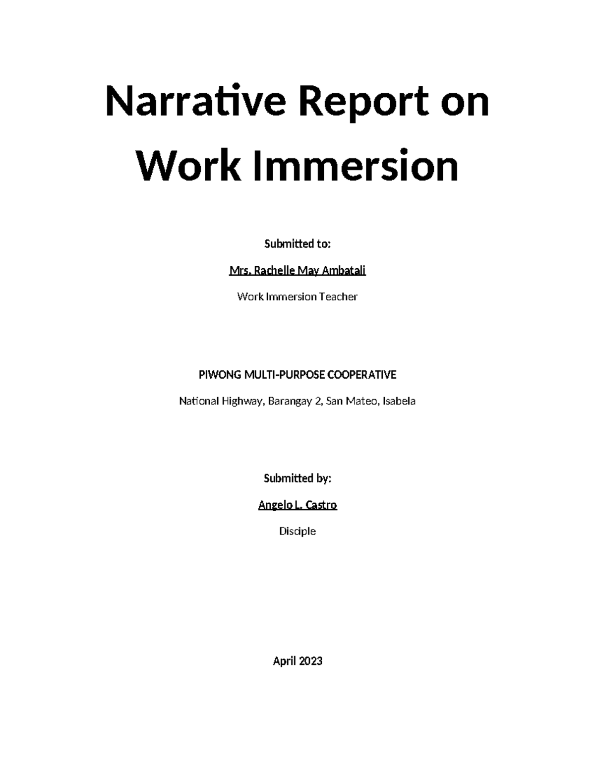Narrative Report on Work Immersion (WIM101) - Final Submission - Studocu