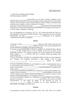 Modelo de una demanda de petici¢n de herencia - _________________________ CONTRA - Studocu