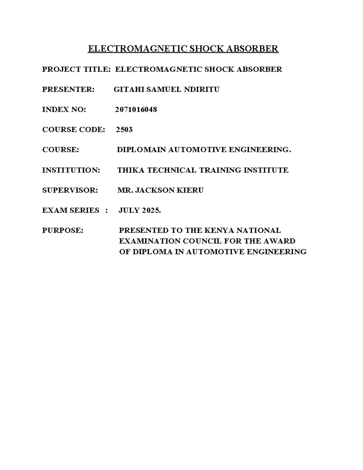 Electromagnetic Shock Absorber Project (Course Code: 2503) - Studocu