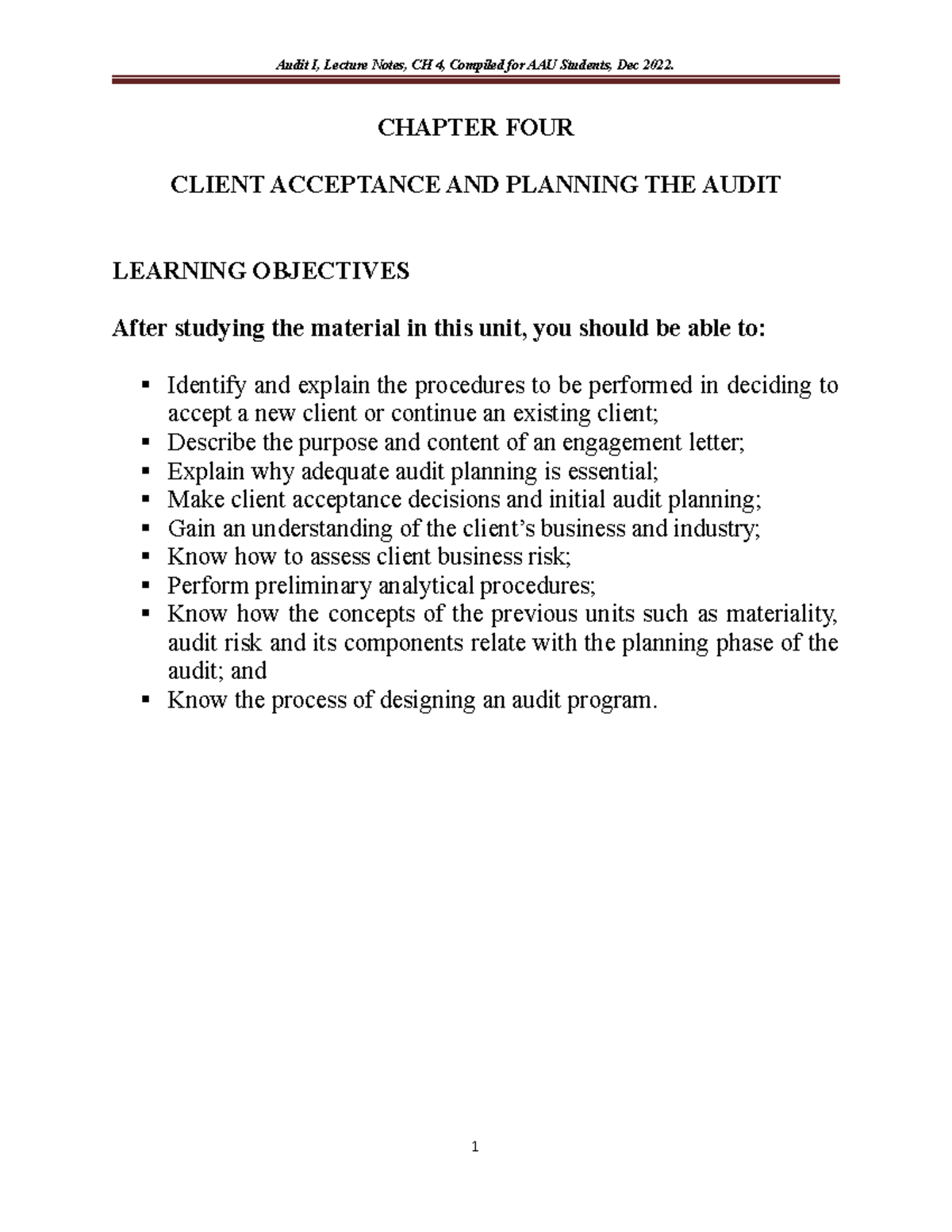 Audit ONE, CH 4 - Client Acceptance & Audit Planning Notes - 2022 - Studocu