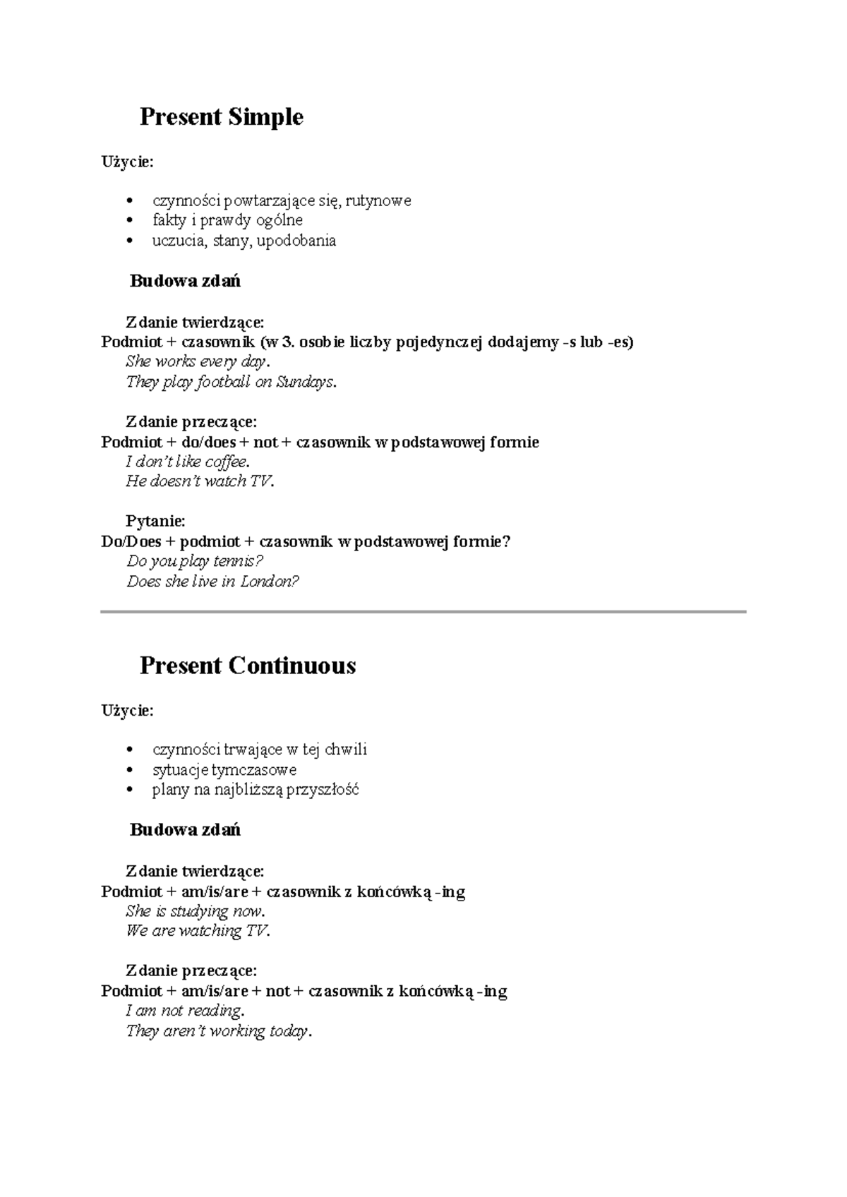 Czas Present Simple vs Present Continuous - Ćwiczenia - Studocu