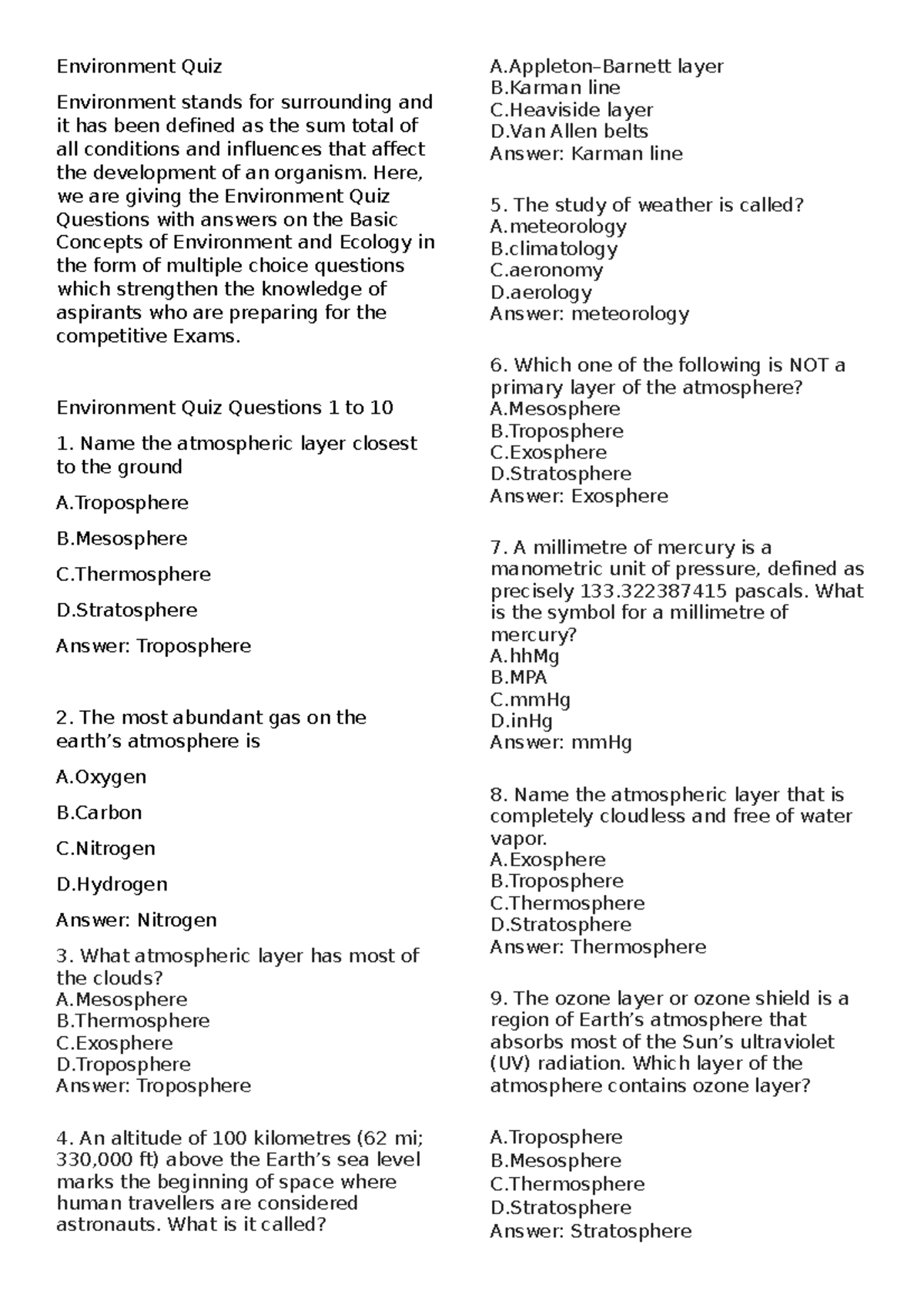 Environmental QUIZ - Environment Quiz Environment stands for ...