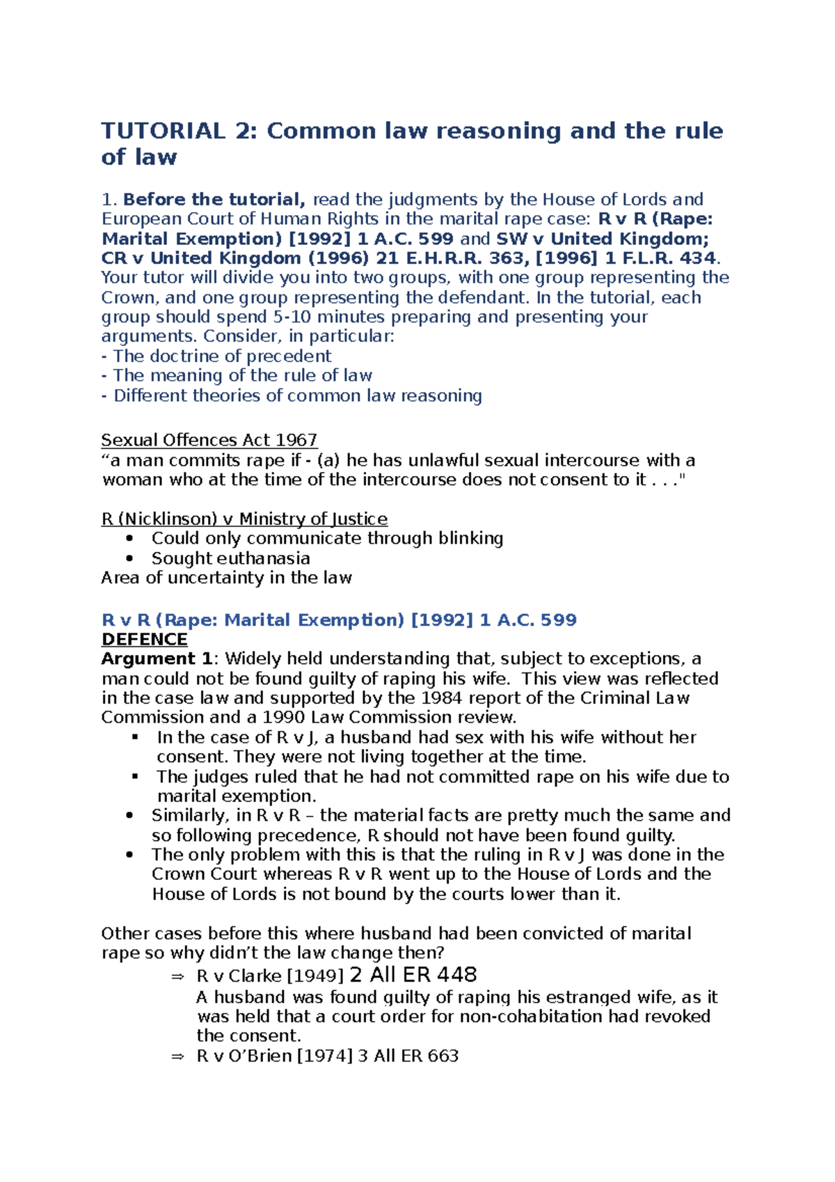 Tutorial 2 - Common Law Reasoning, Rule of Law - TUTORIAL 2: Common law ...