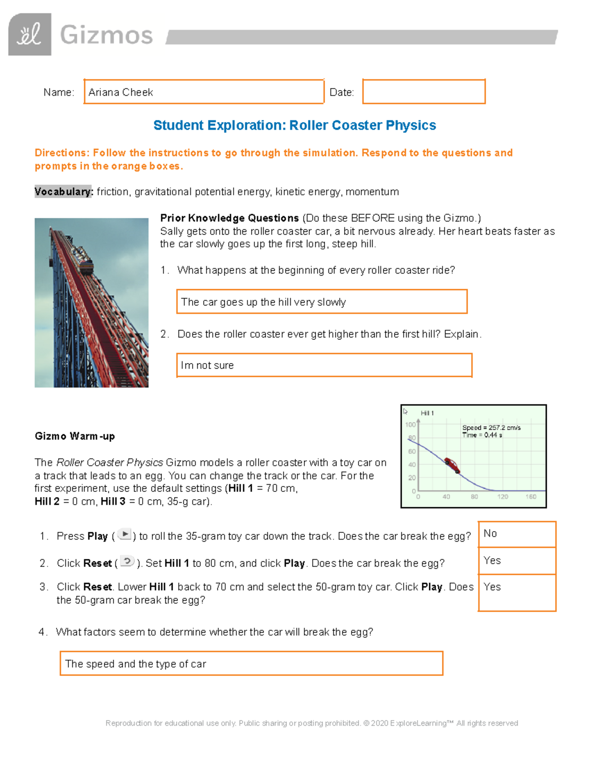 Exploration of Roller Coaster Physics: Gizmo Activity SE - Studocu