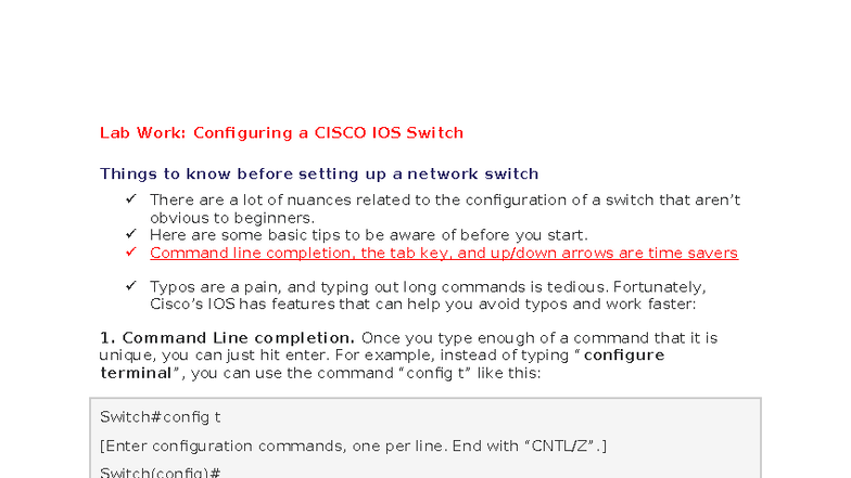 Lab Work: Configuring a Cisco IOS Switch - Key Tips and Commands - Studocu