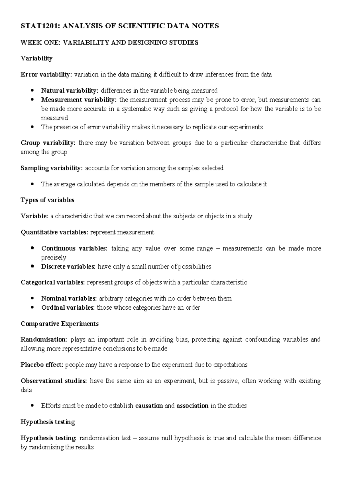STAT1201: Analysis of Scientific Data - Week 1 to 6 Notes - Studocu