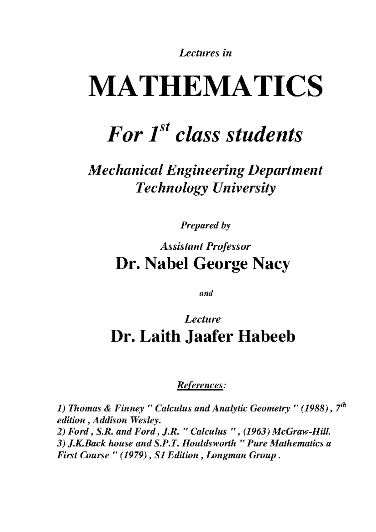 Mathematics I1 - Lecture Notes for 1st Year Engineering Students - Studocu