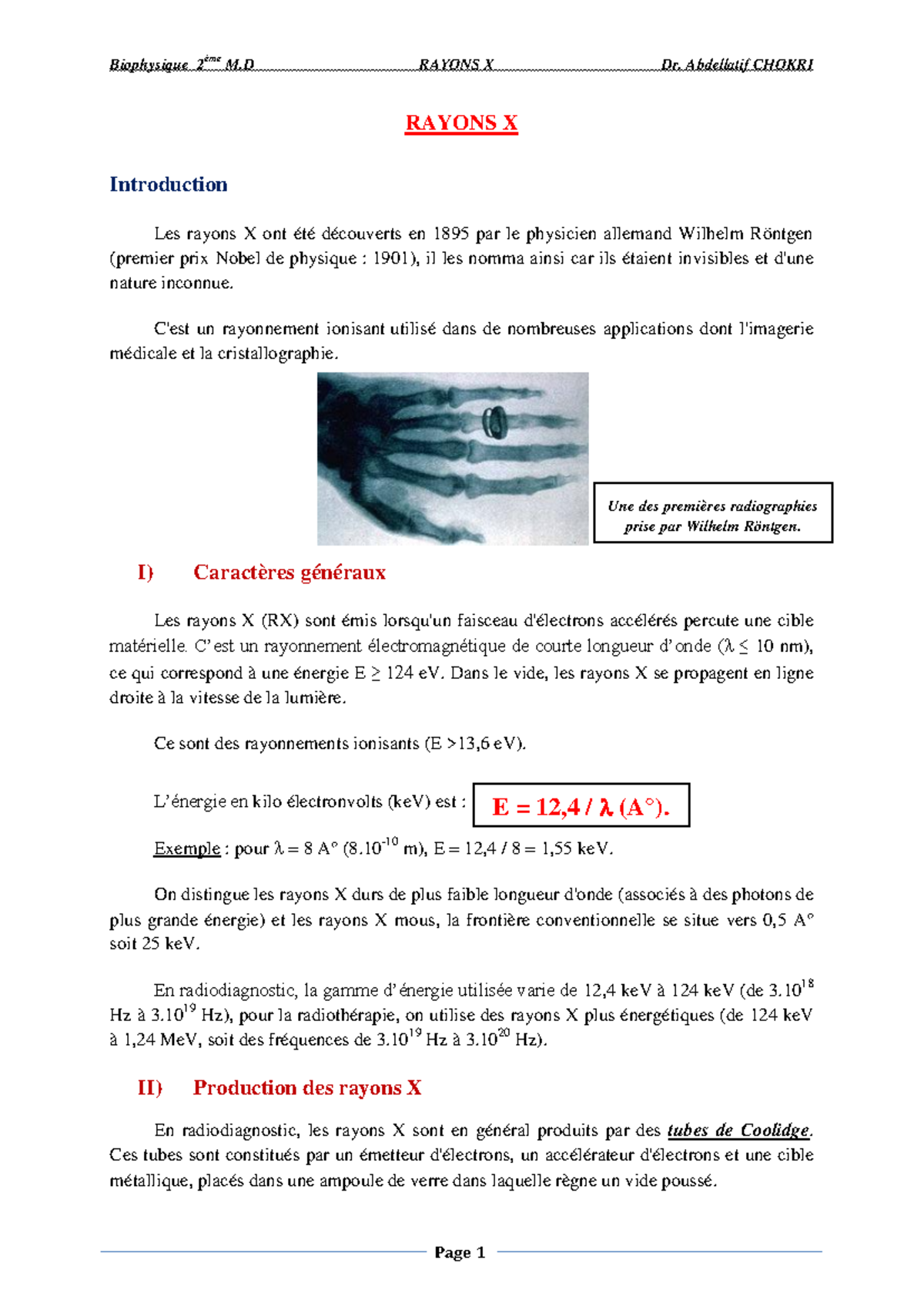 Cours de Biophysique 2ème M.D : Rayons X et leur Production - Studocu