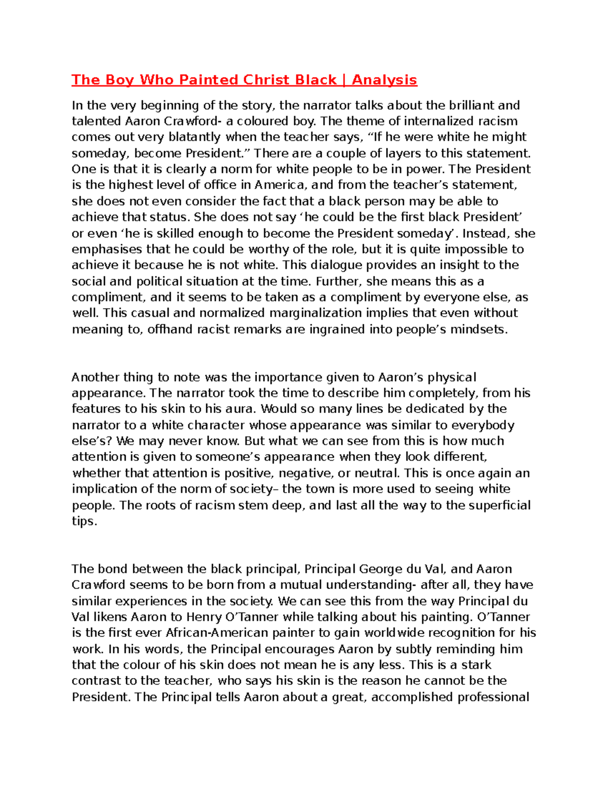 Analysis of "The Boy Who Painted Christ Black" - Summary - Studocu