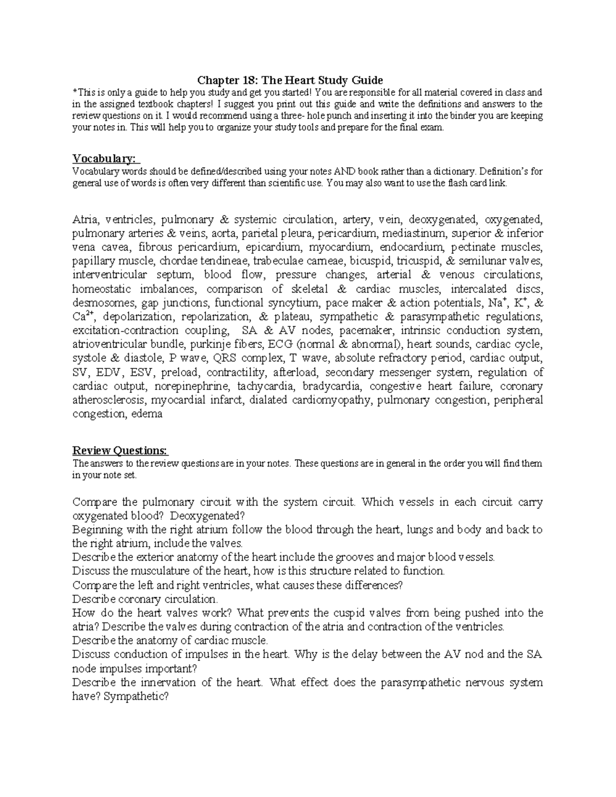 Chapter 18 Study Guide: The Heart - Concepts, Vocabulary & Review Qs - Studocu