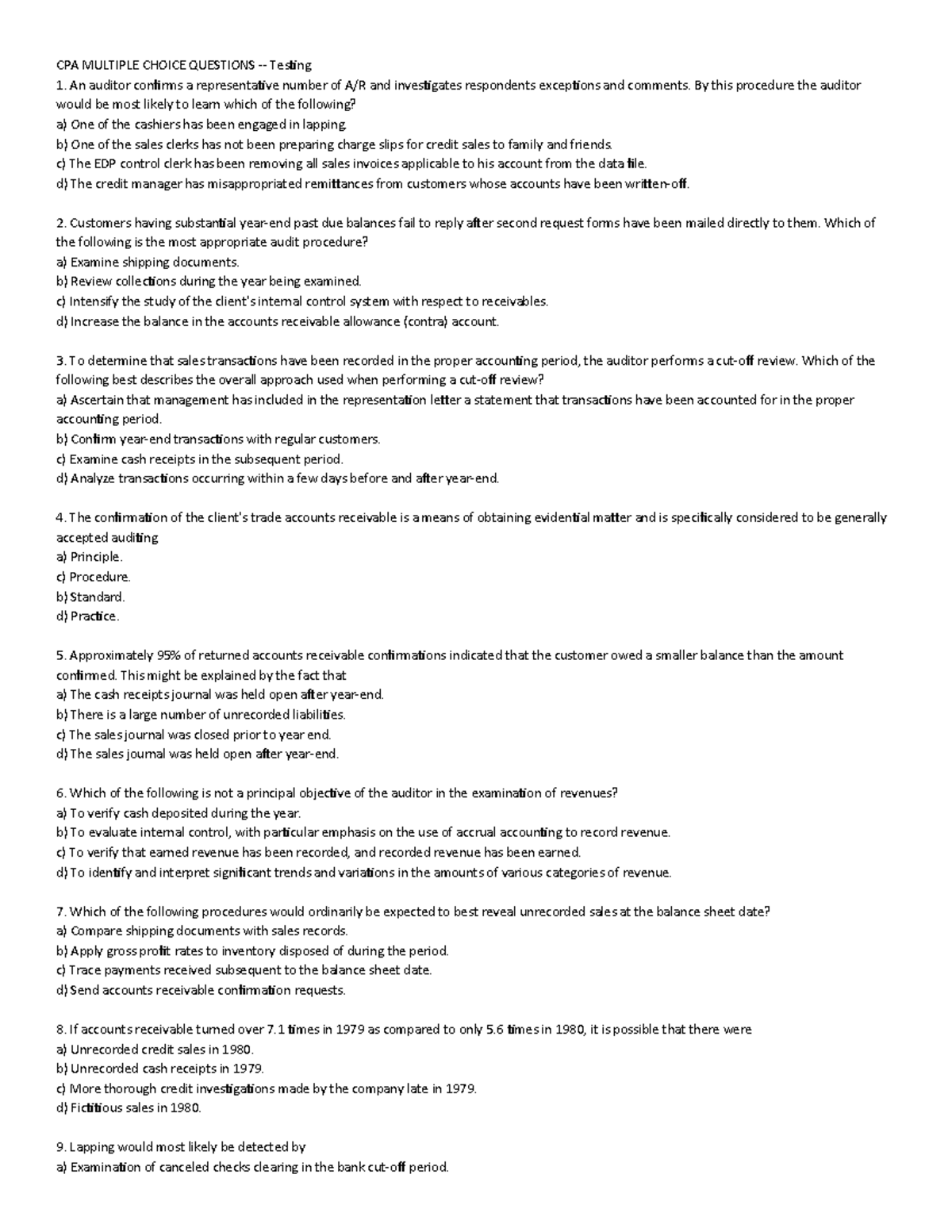 Auditing theory - CPA MULTIPLE CHOICE QUESTIONS - Testing An auditor ...