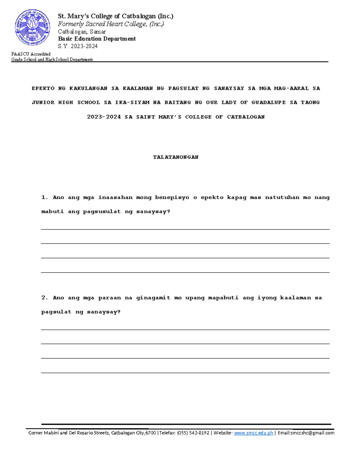 Questionnaire on Essay Writing Challenges for JHS at St. Mary's College ...