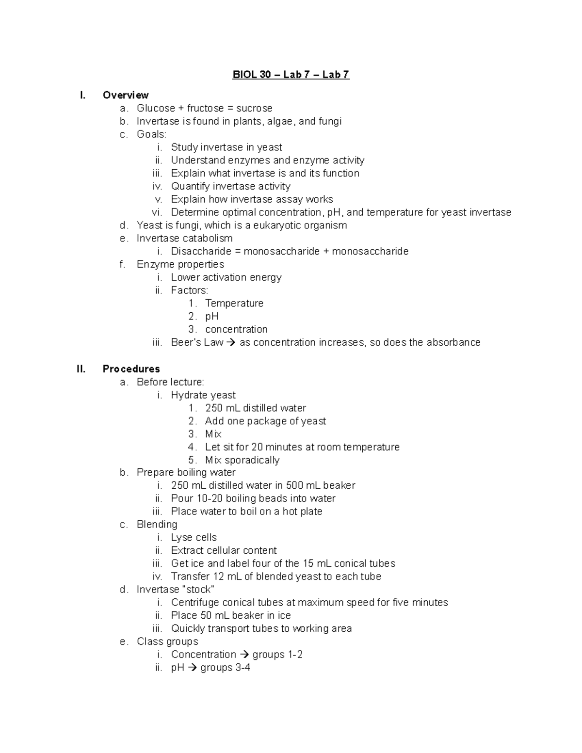 BIOL 30 - Lab 7 - Invertase Activity and Assay Procedures - Studocu