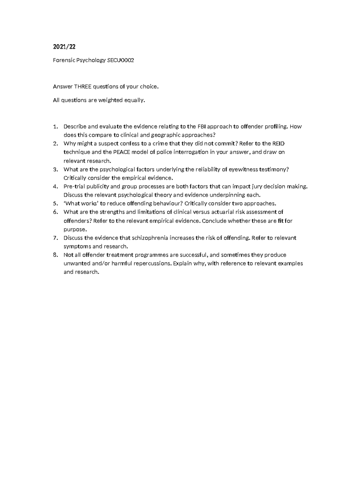 Forensic Psychology SECU0002 Final Exam 2021-22 Analysis - Studocu