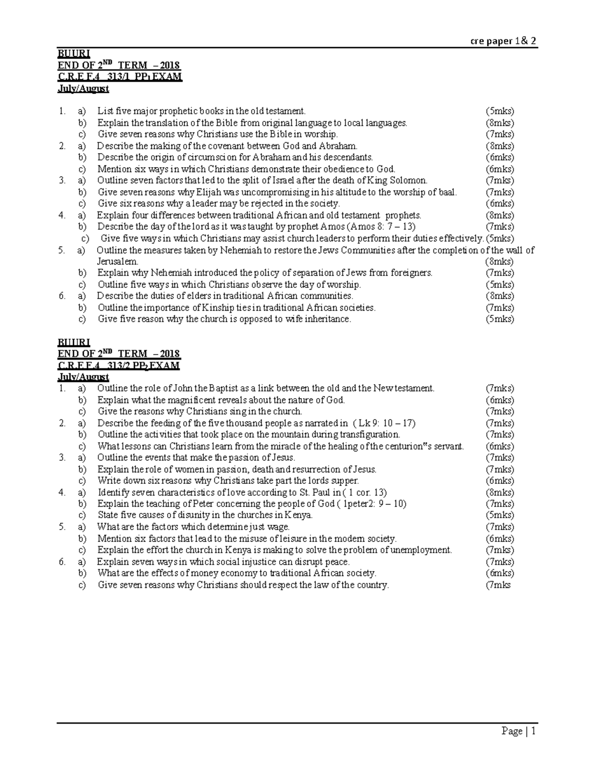 CRE Paper 2: Comprehensive Study Guide for C.R.E F.4 Exams - Studocu