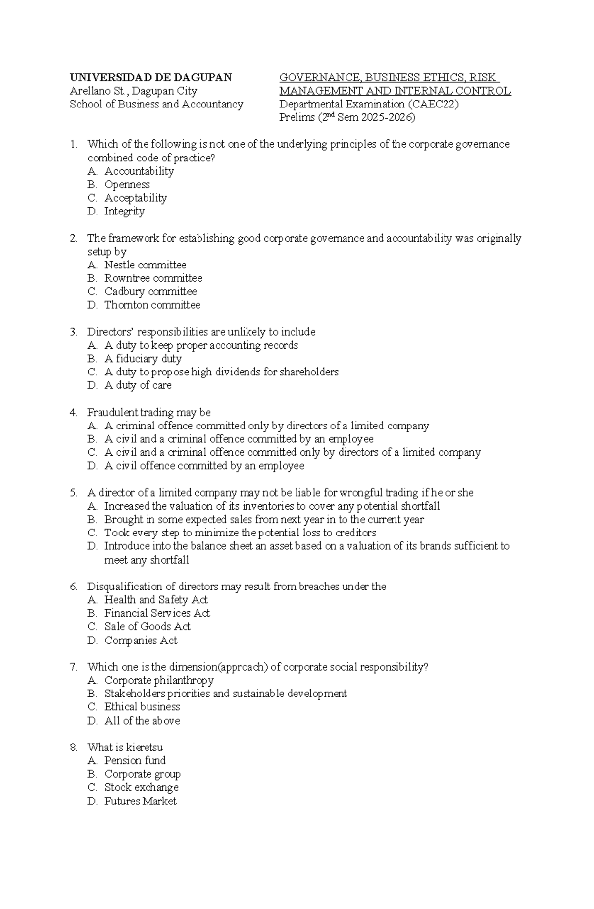 CAEC22 - Governance, Business Ethics & Risk Management Prelims Exam ...
