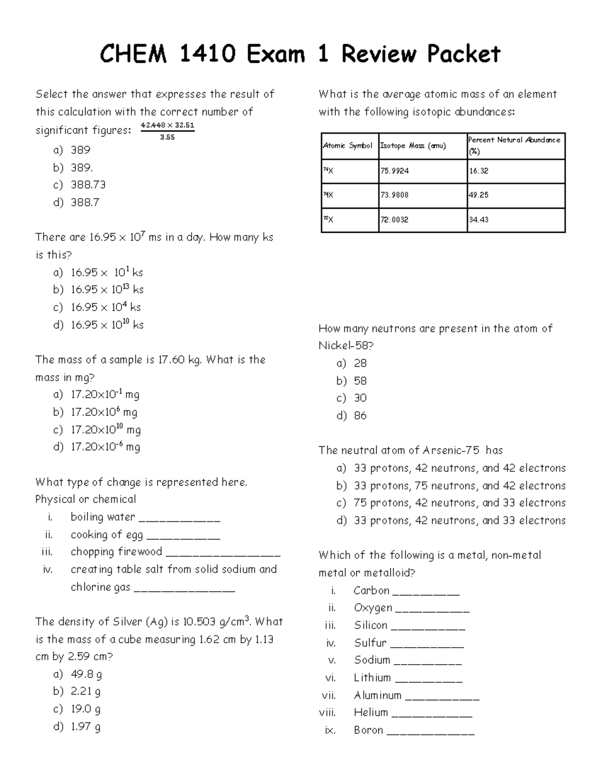 CHEM 1410 Exam 1 Review: Isotopes, Atomic Mass & More - Studocu