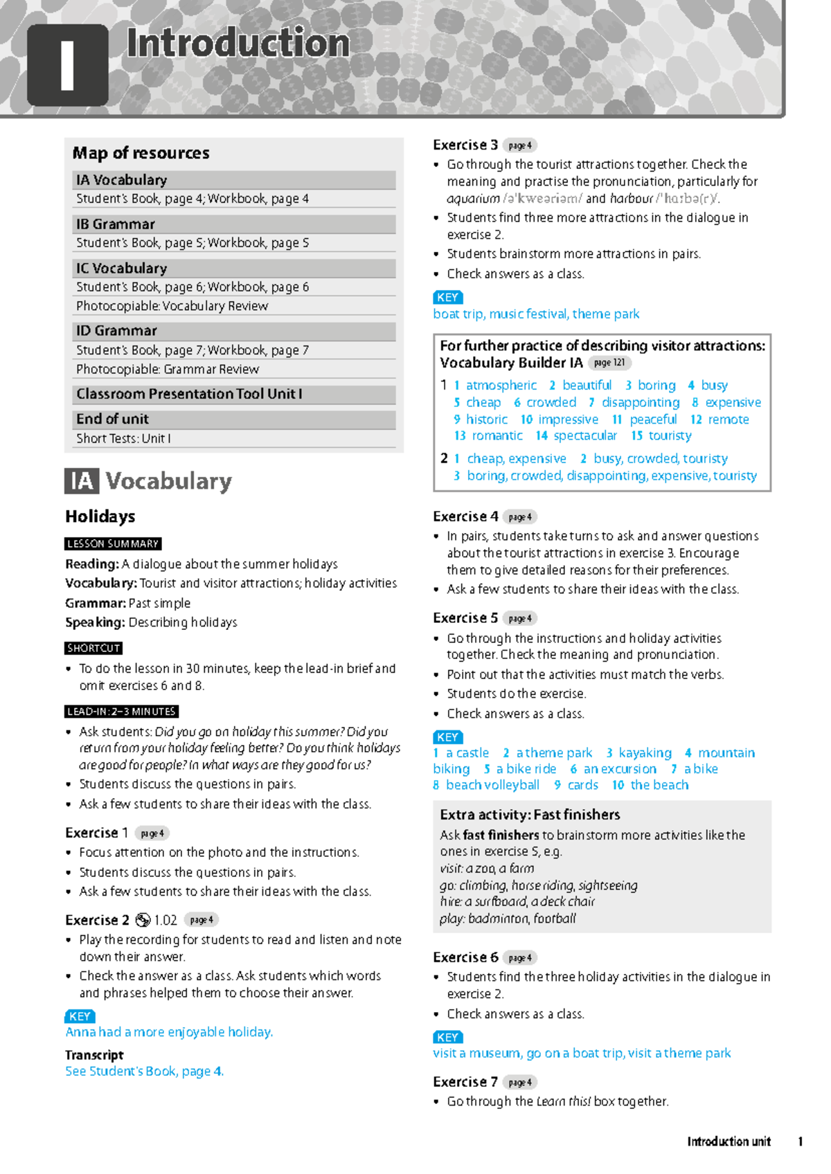 Introduction Unit I: Vocabulary & Grammar Exercises for Students - Studocu