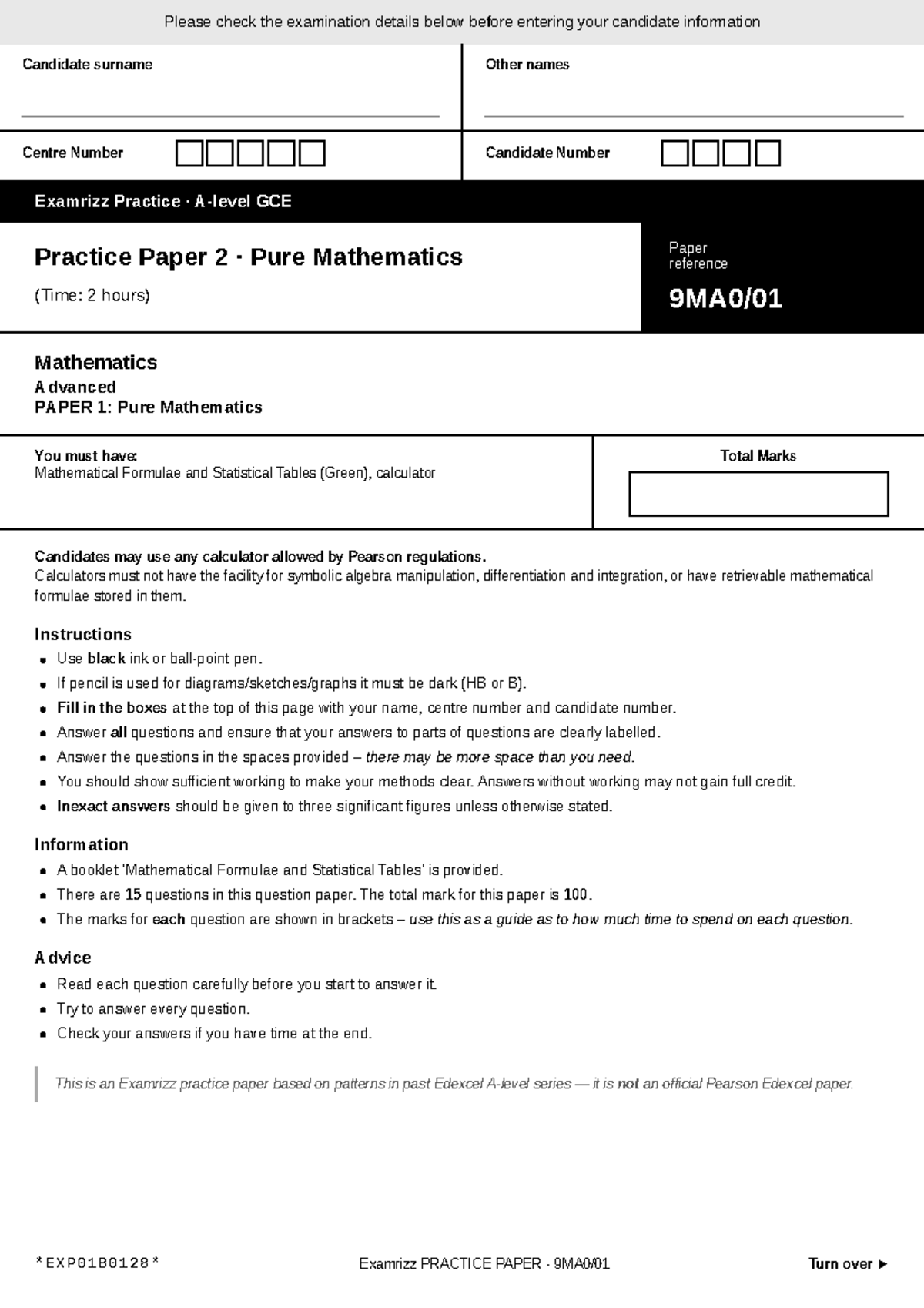 Examrizz Practice Paper 2: Pure Mathematics 9MA001 - Studocu