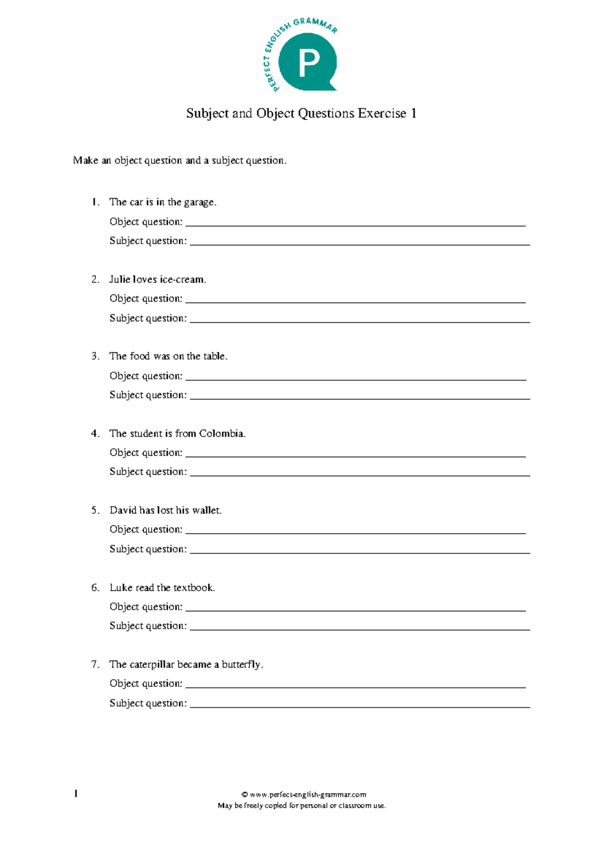 Subject and Object Questions Exercise 1 - English Grammar Practice ...