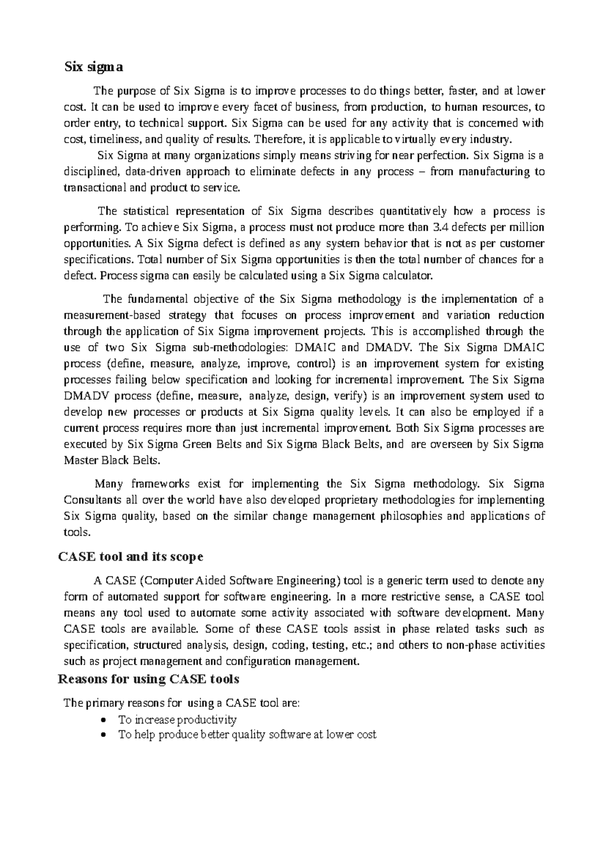 Unit 5 SE: Understanding Six Sigma and CASE Tools in Software ...