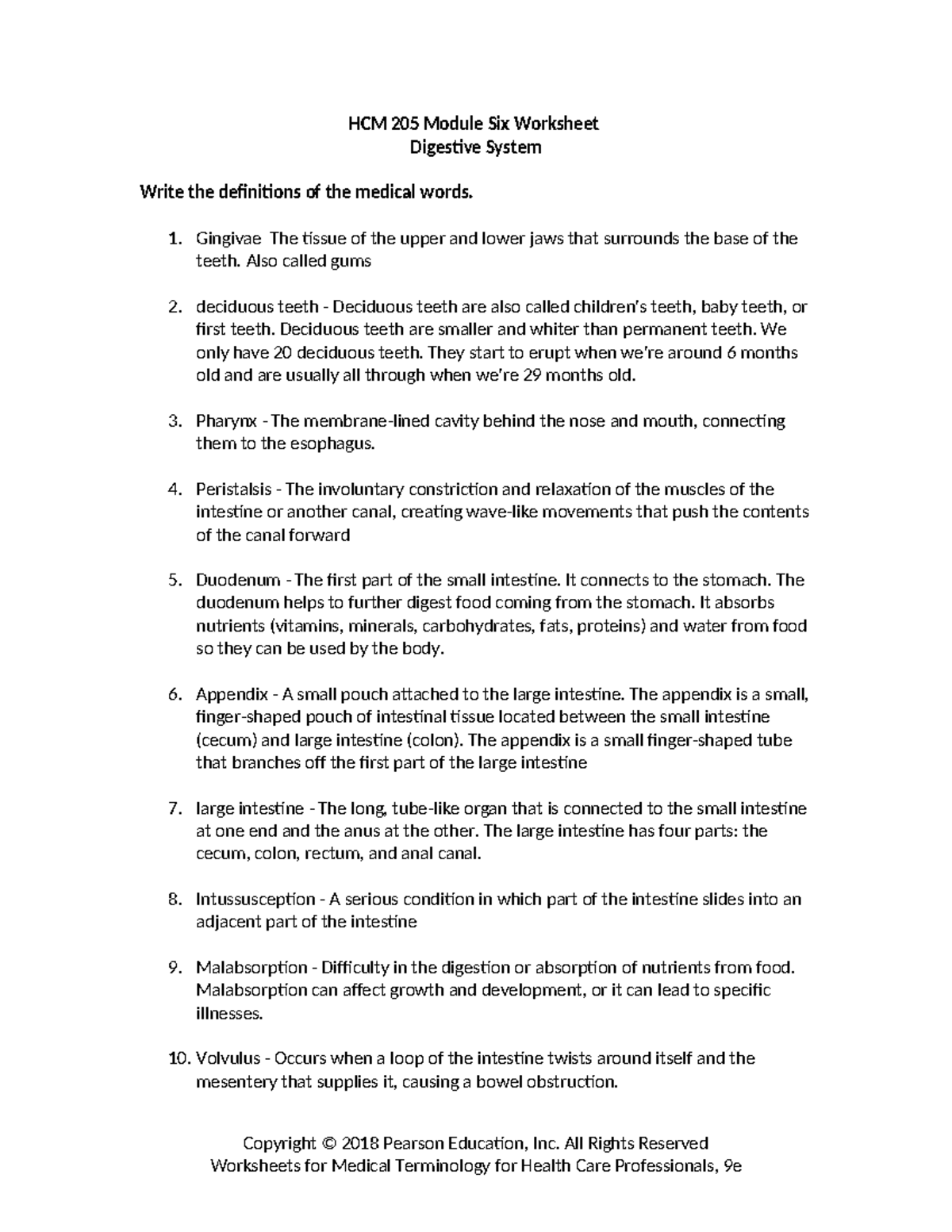 HCM 205 Module Six Digestive System Worksheet and Definitions - Studocu