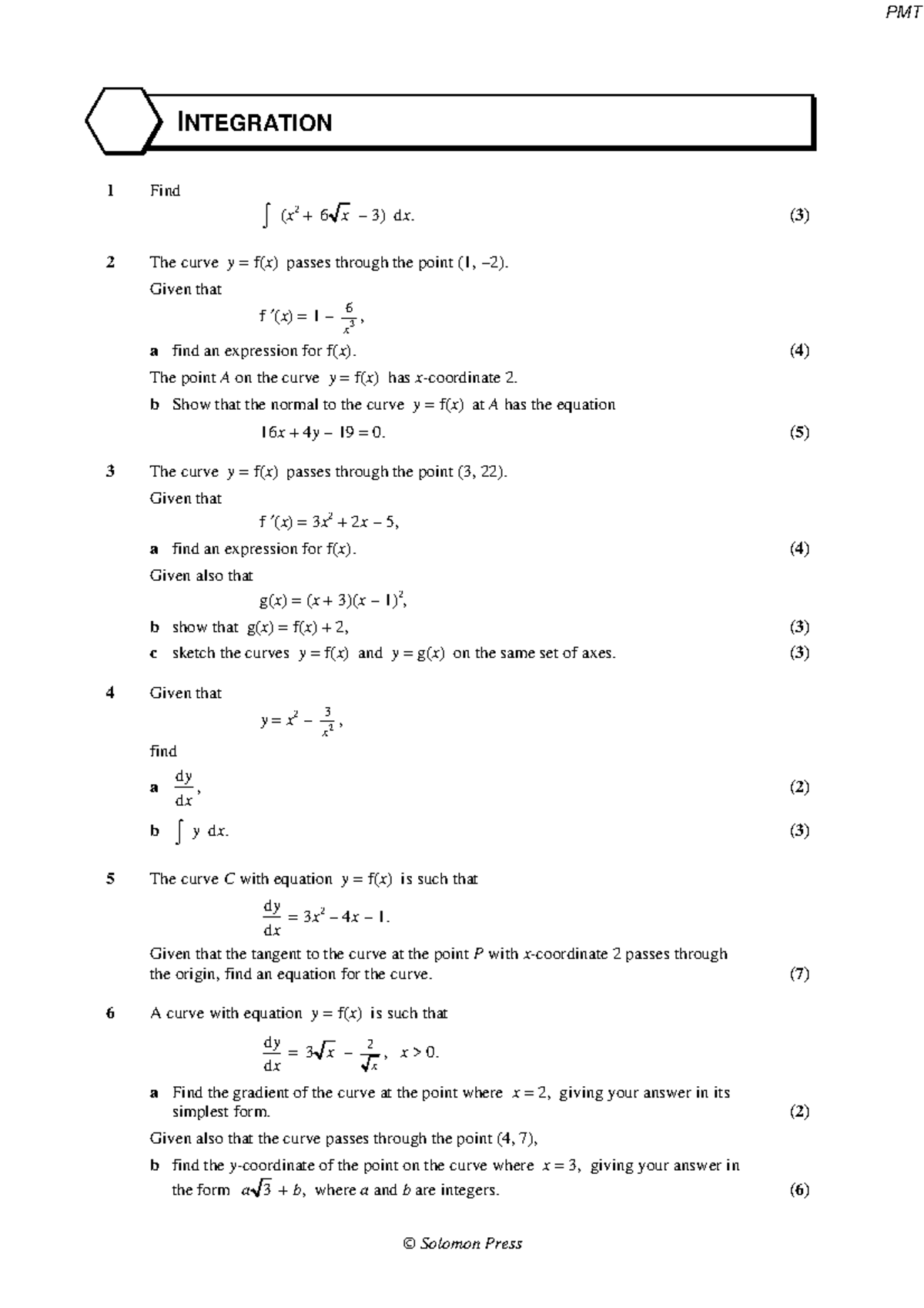 PMT INTEGRATION: Mixed Exam-Style Questions on Integration - Studocu