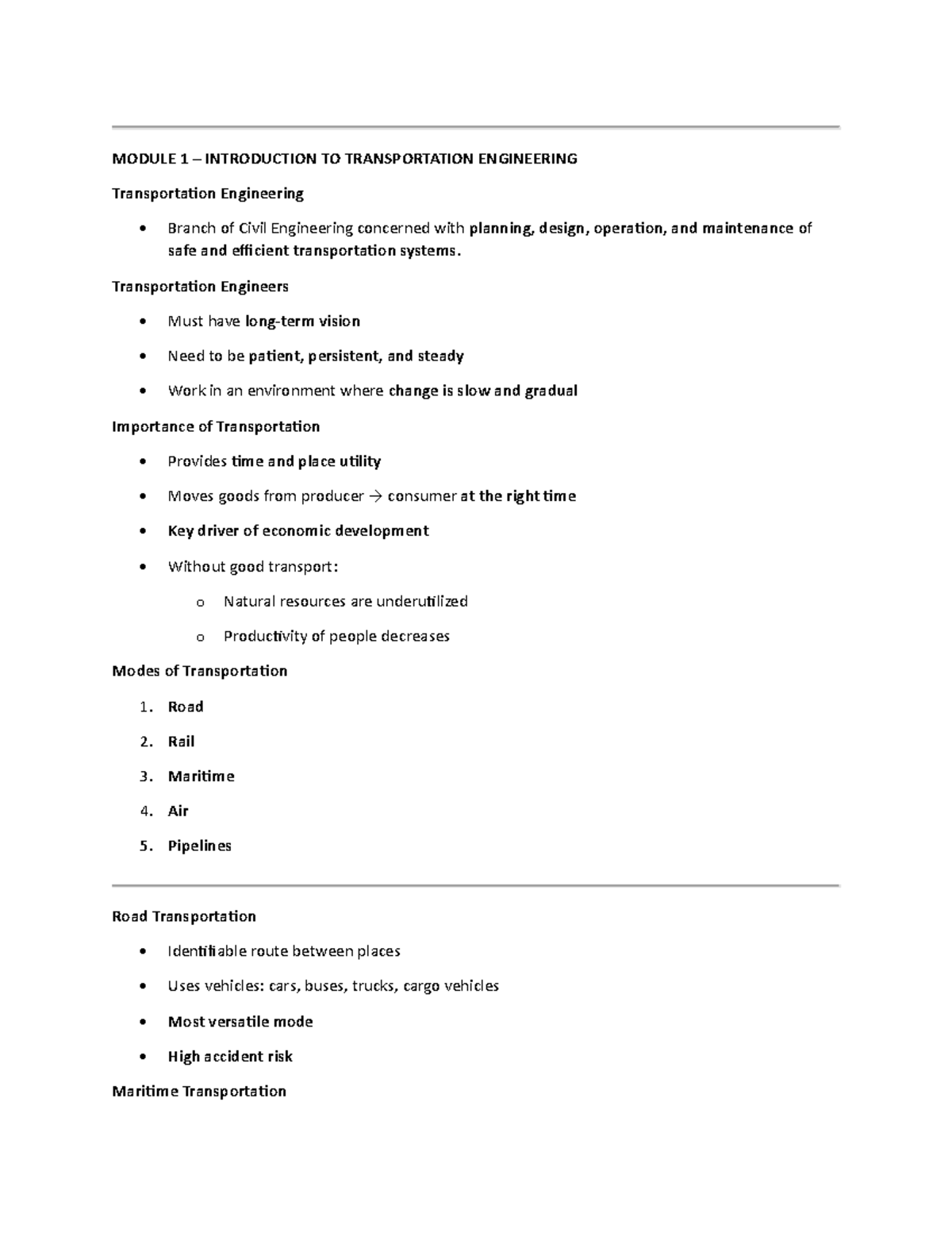 P1 Transpo - Introduction to Transportation Engineering Notes - Studocu