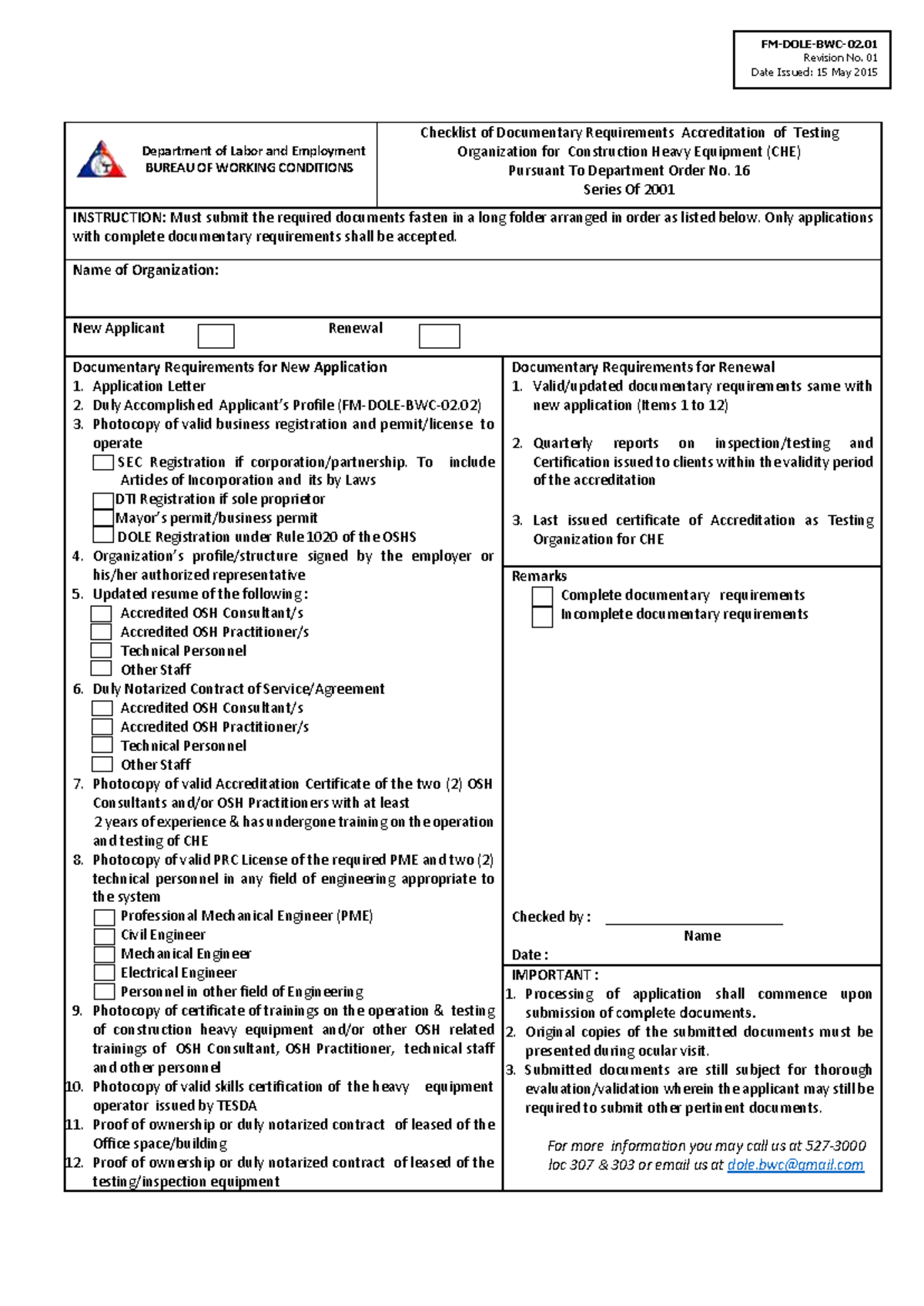 DOLE Checklist for CHE Accreditation: New & Renewal Applicants - Studocu