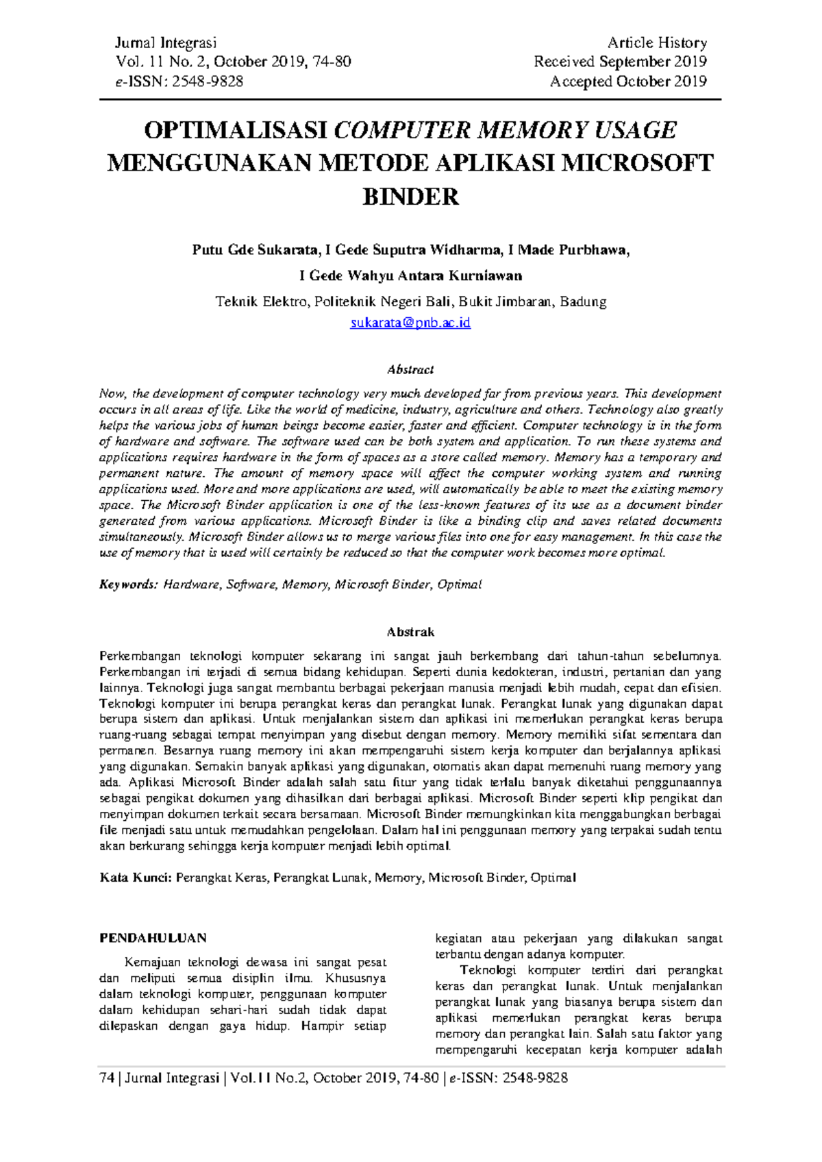 Optimalisasi Penggunaan Memori Komputer Menggunakan Ms. Binder (TE-01 ...
