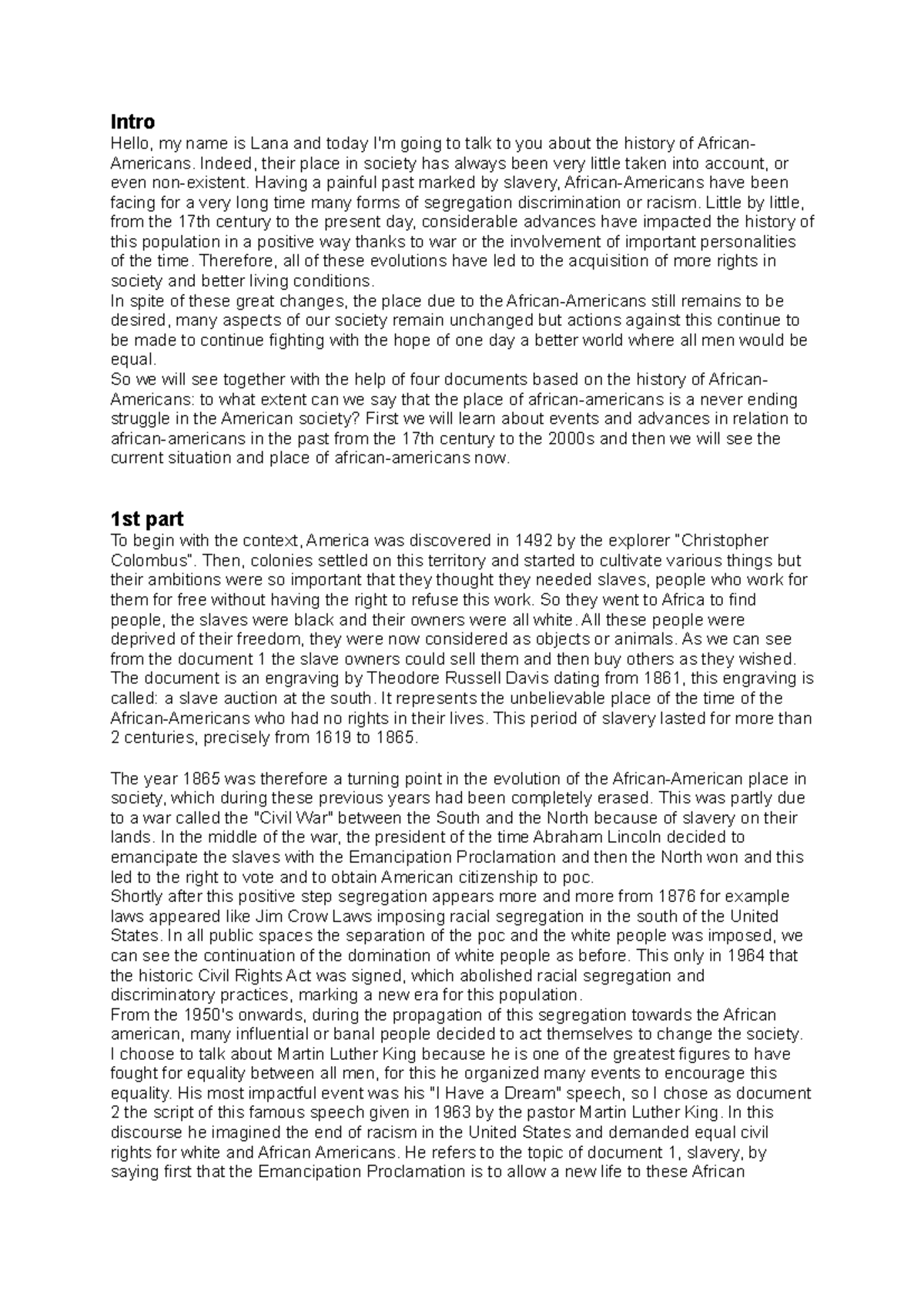 Oral AMC Lana - oral de terminale pour oral amc/llce pour bac - Intro Hello, my name is Lana and ...