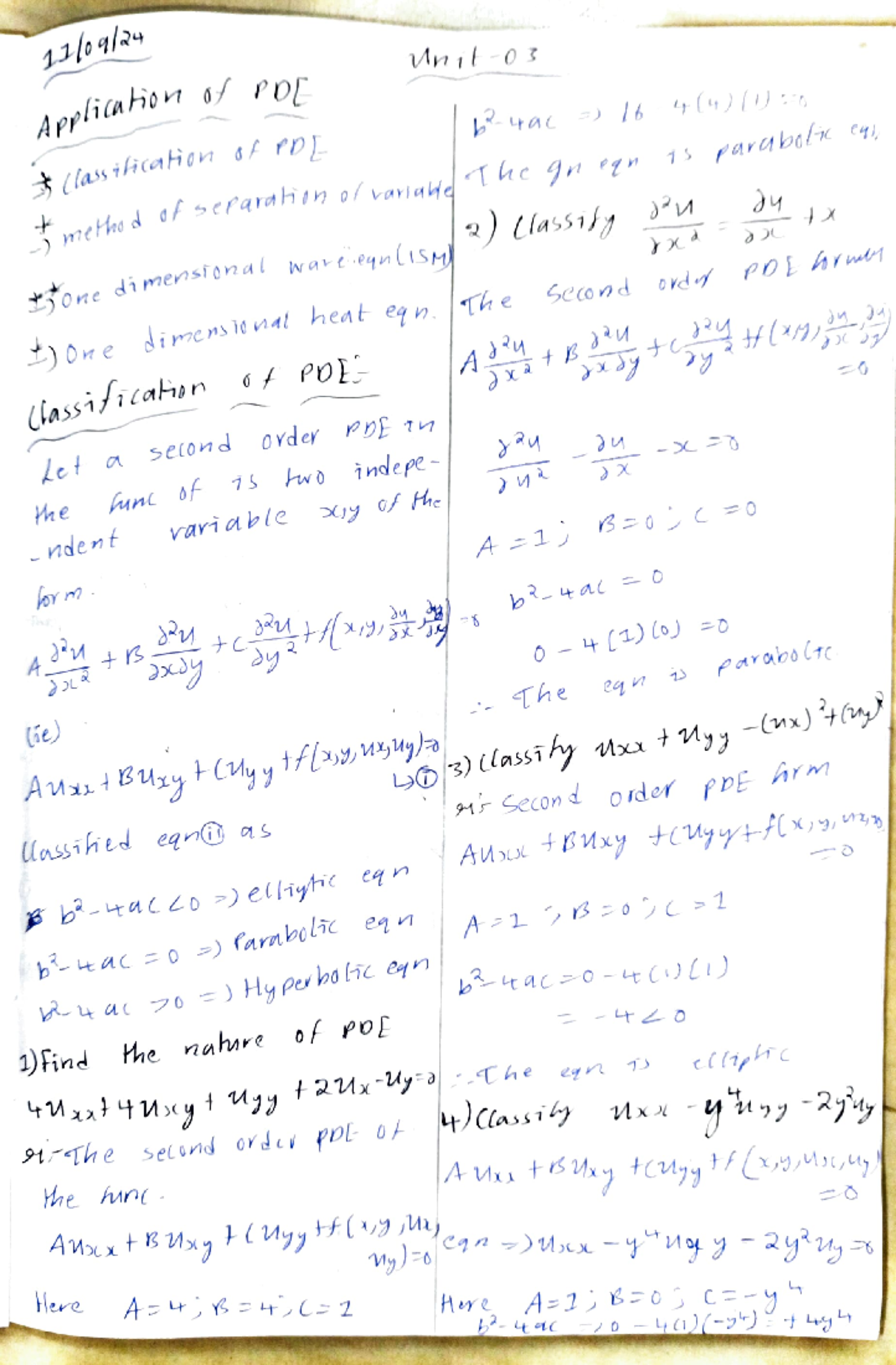 Unit 3 And 4 Maths Notes Very Helpful Application Of Pde B24ac 1641 Classification Of