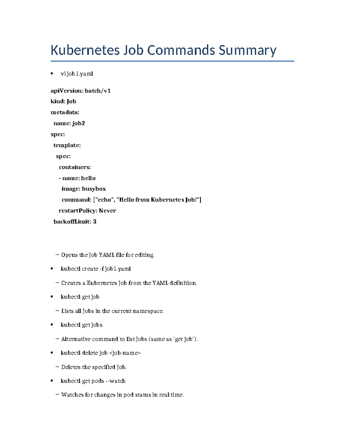 K8s Job Commands Summary and Notes - Studocu