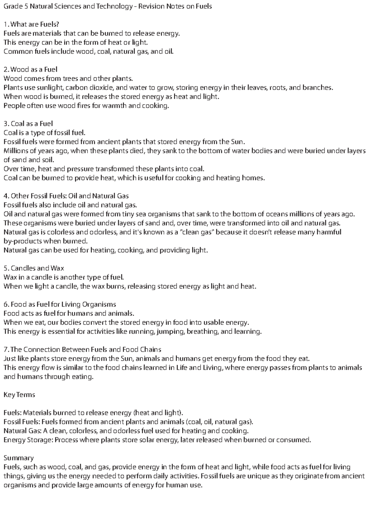 Grade 5 NAT Revision Notes: Understanding Various Fuels - Studocu