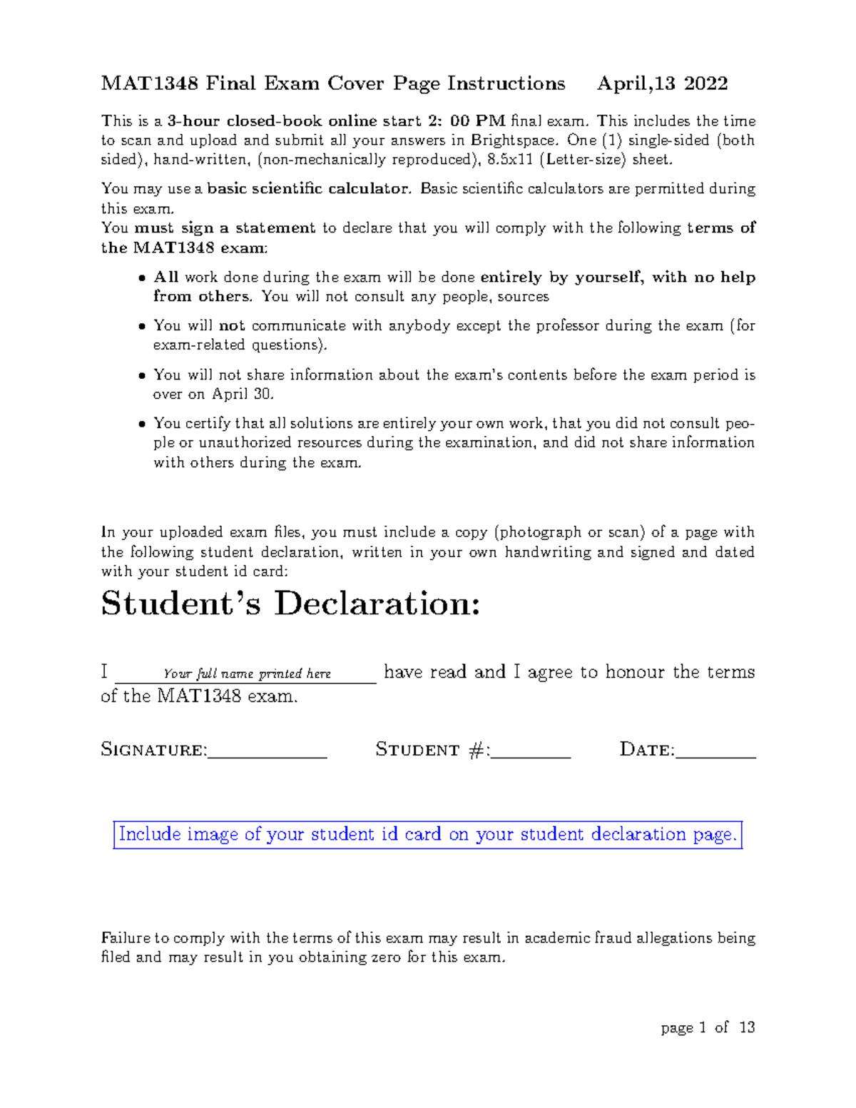 MAT1348 Final Exam Instructions and Submission Guidelines - Studocu