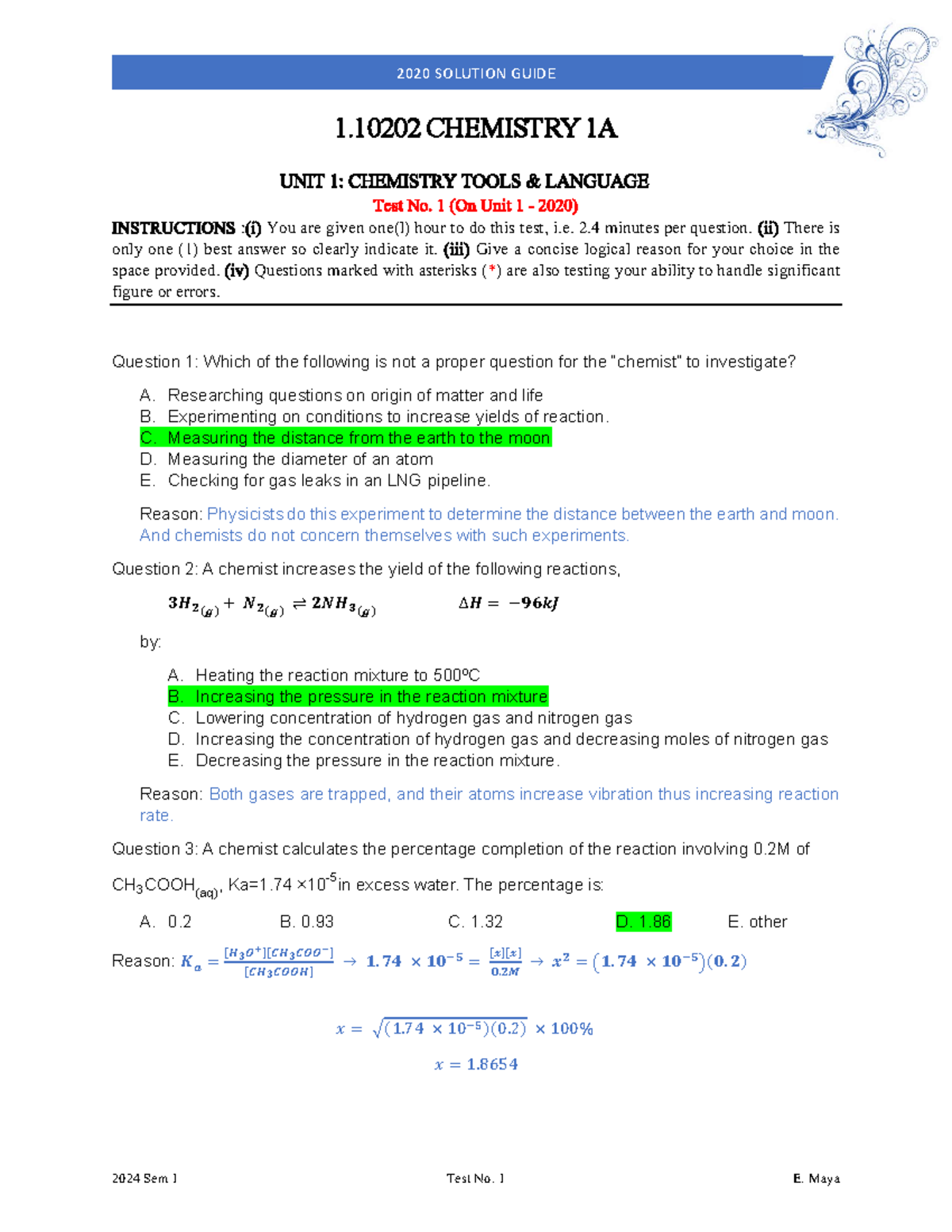 Chemistry 1A: Test No. 1 Unit 1 Solution Guide (2020) - Studocu