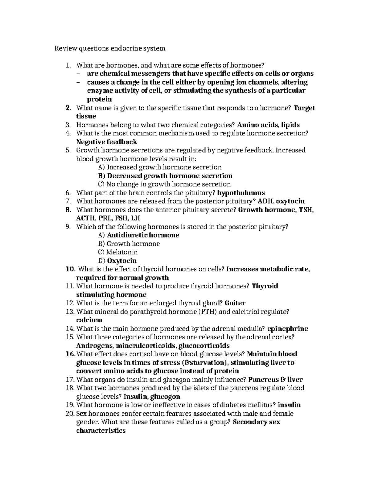 Endocrine System Review Questions: Hormones & Their Effects - Studocu
