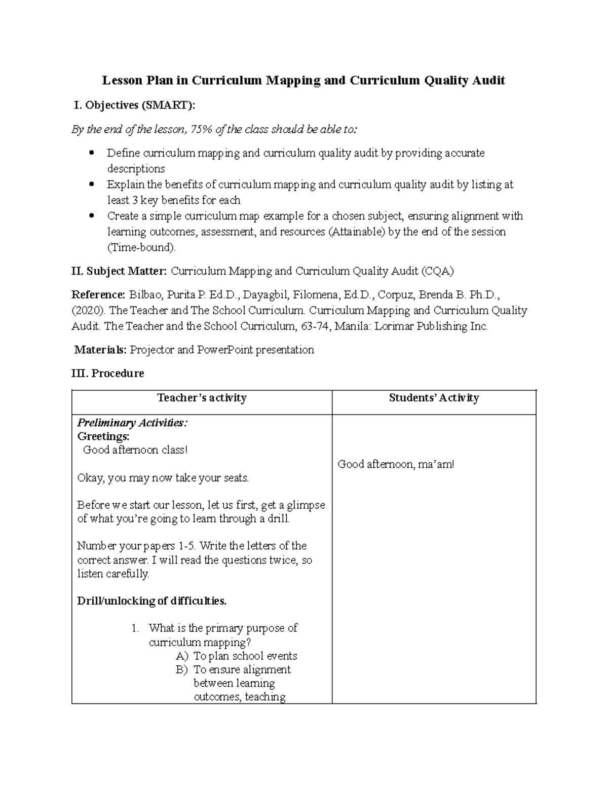 Lesson Plan: Curriculum Mapping & Quality Audit (CQA) Strategies - Studocu