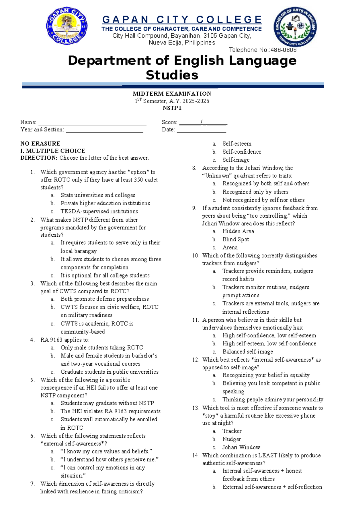 NSTP1 Midterm Exam Review: Key Concepts and Questions - Studocu