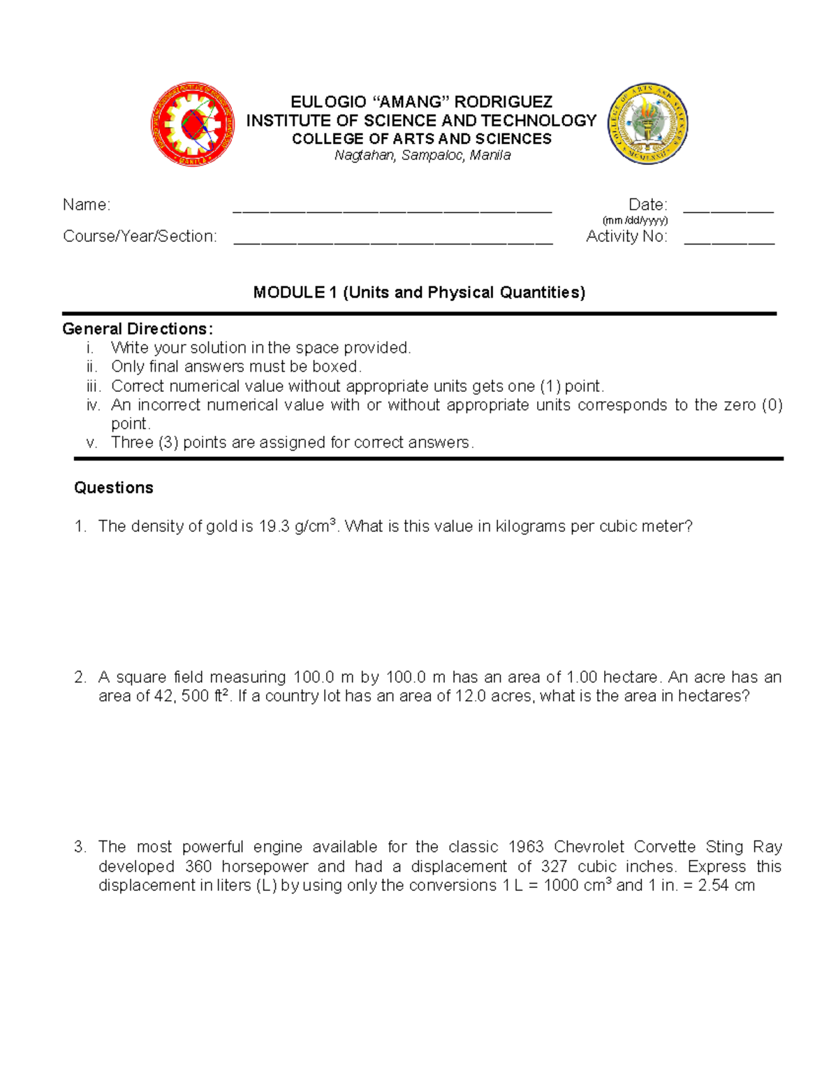 Homework 1 (Module 1 (Conversion of Units)) - EULOGIO “AMANG” RODRIGUEZ ...