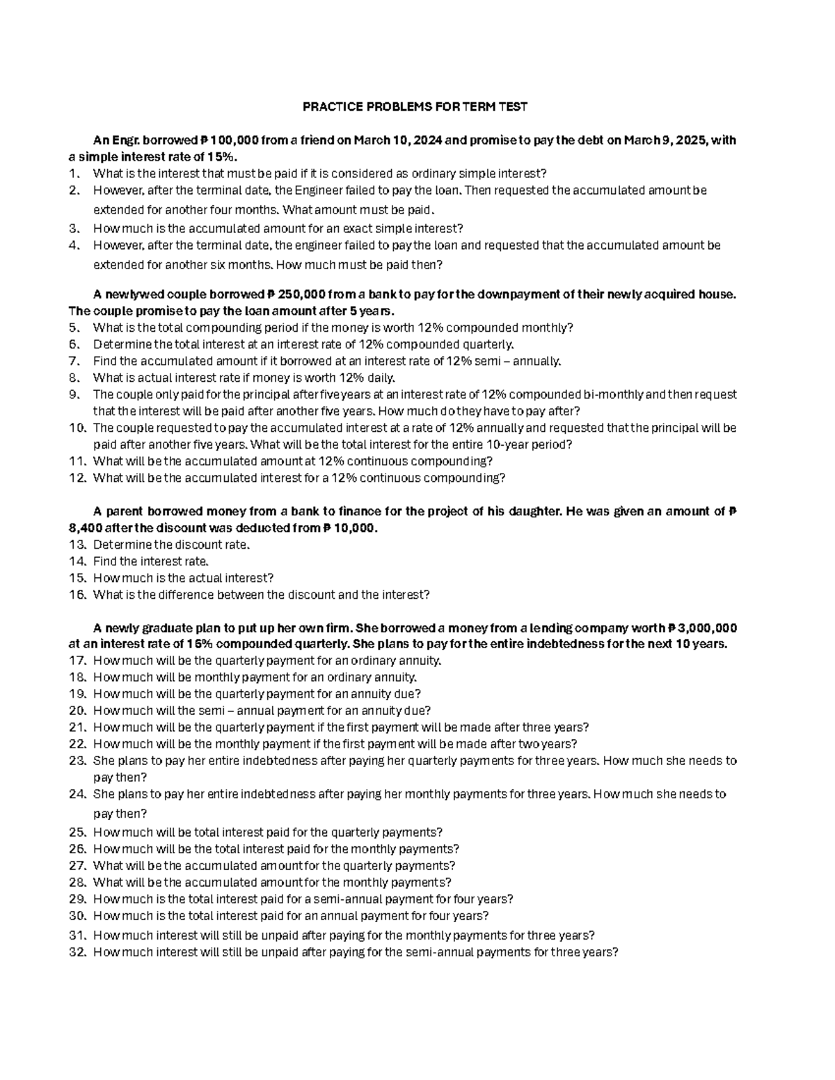 Practice Problems for Term Test 1: Interest & Depreciation Calculations ...