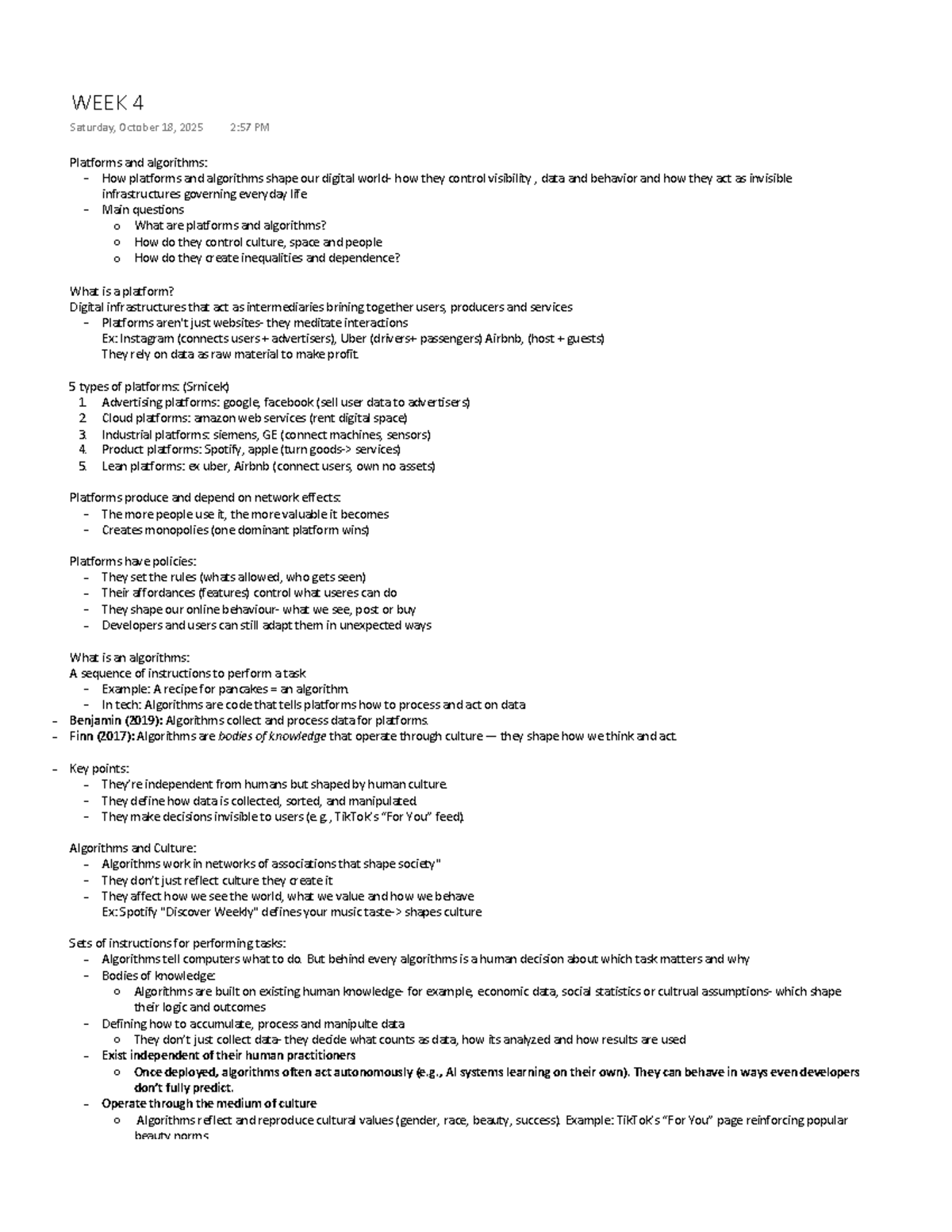 WEEK 4 Lecture Notes: Platforms & Algorithms in Digital Culture - Studocu