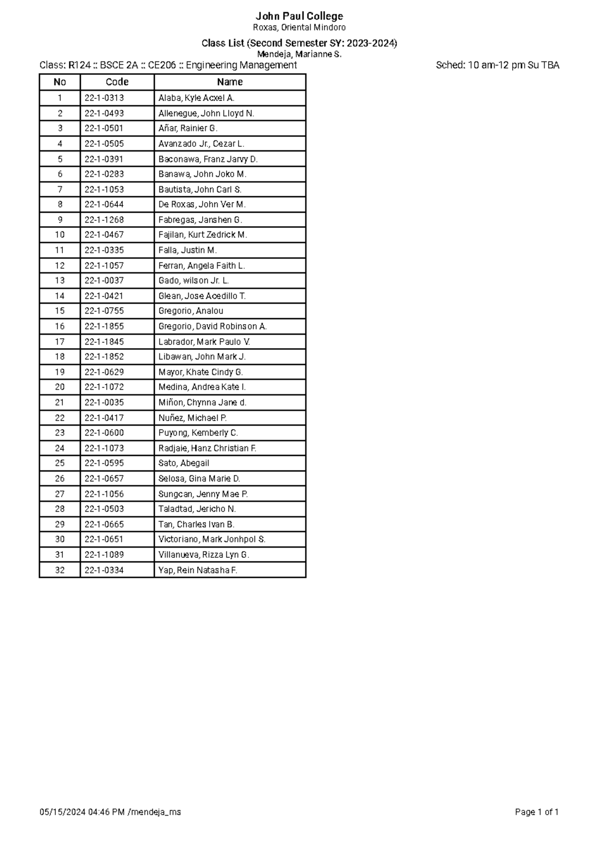 CE206-A - Class List for BSCE 2A Engineering Management - Studocu
