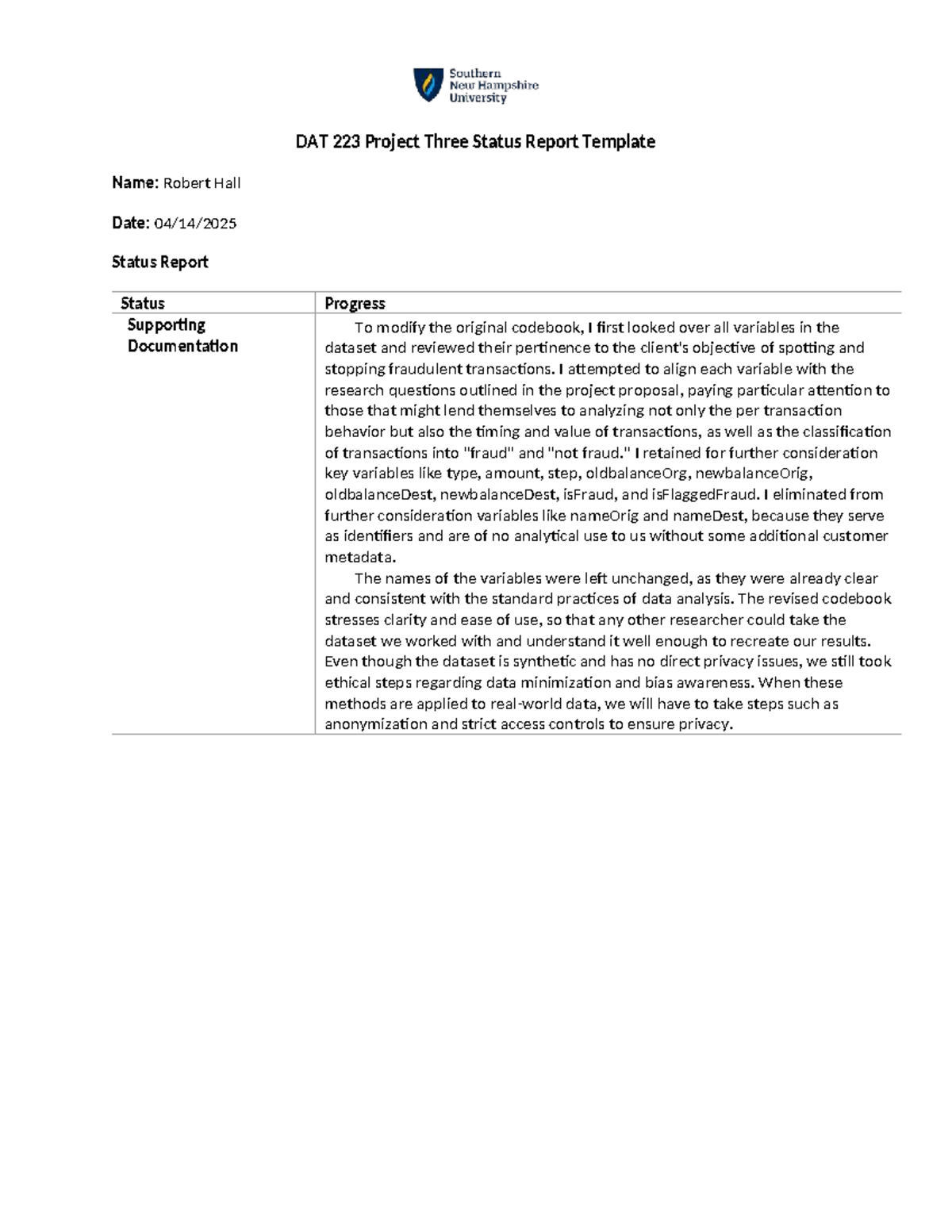 DAT 223 Project Three Status Report Template - DAT 223 Project Three ...