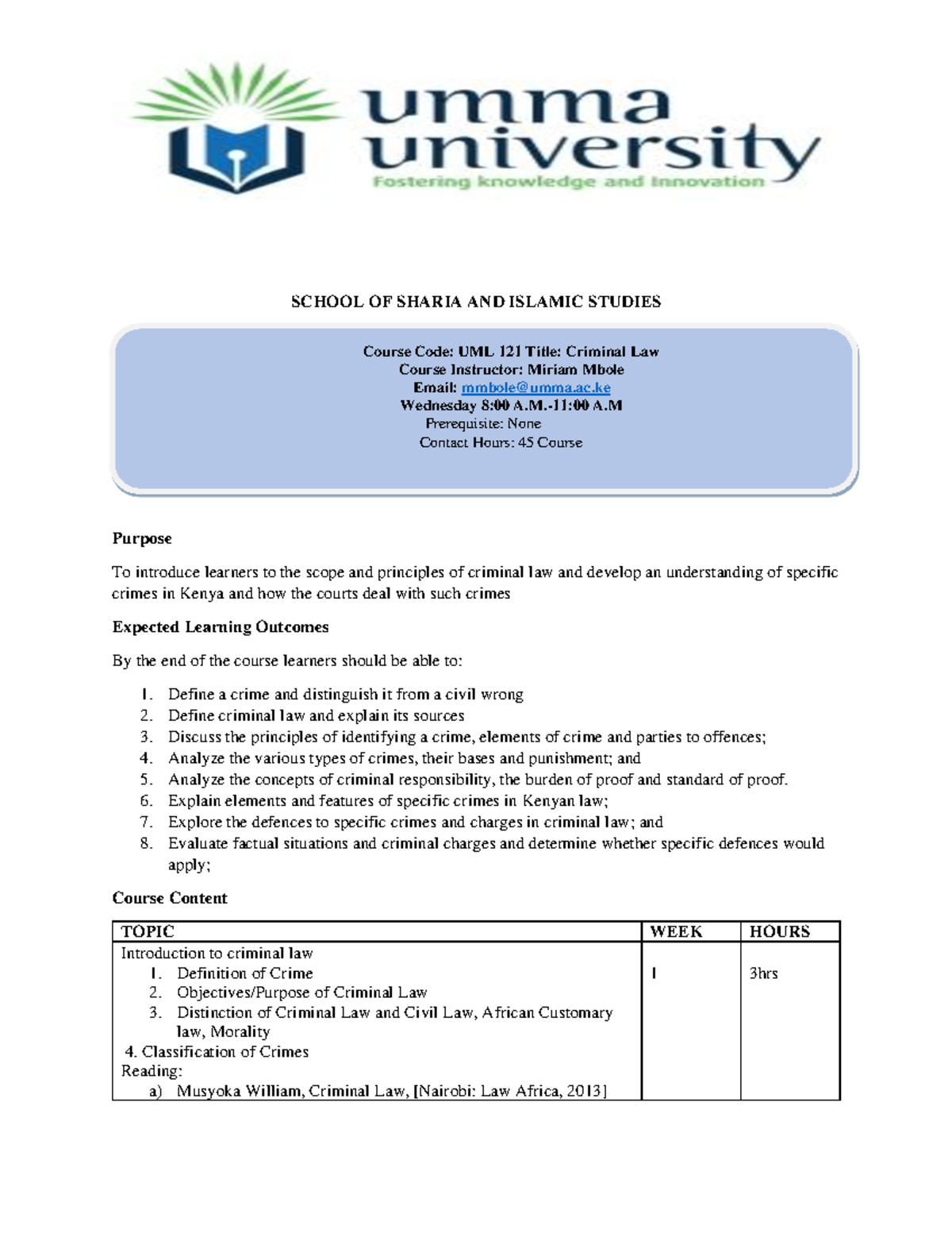 Criminal Law UML 121 Course Outline & Key Learning Objectives - Studocu