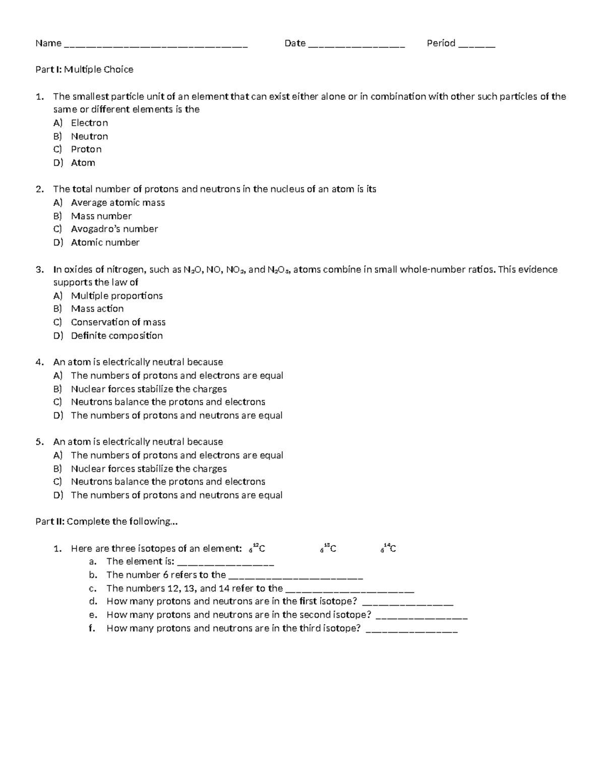 Notes quiz 12-12-24 - Review problems for Dalton's Atomic Theory ...