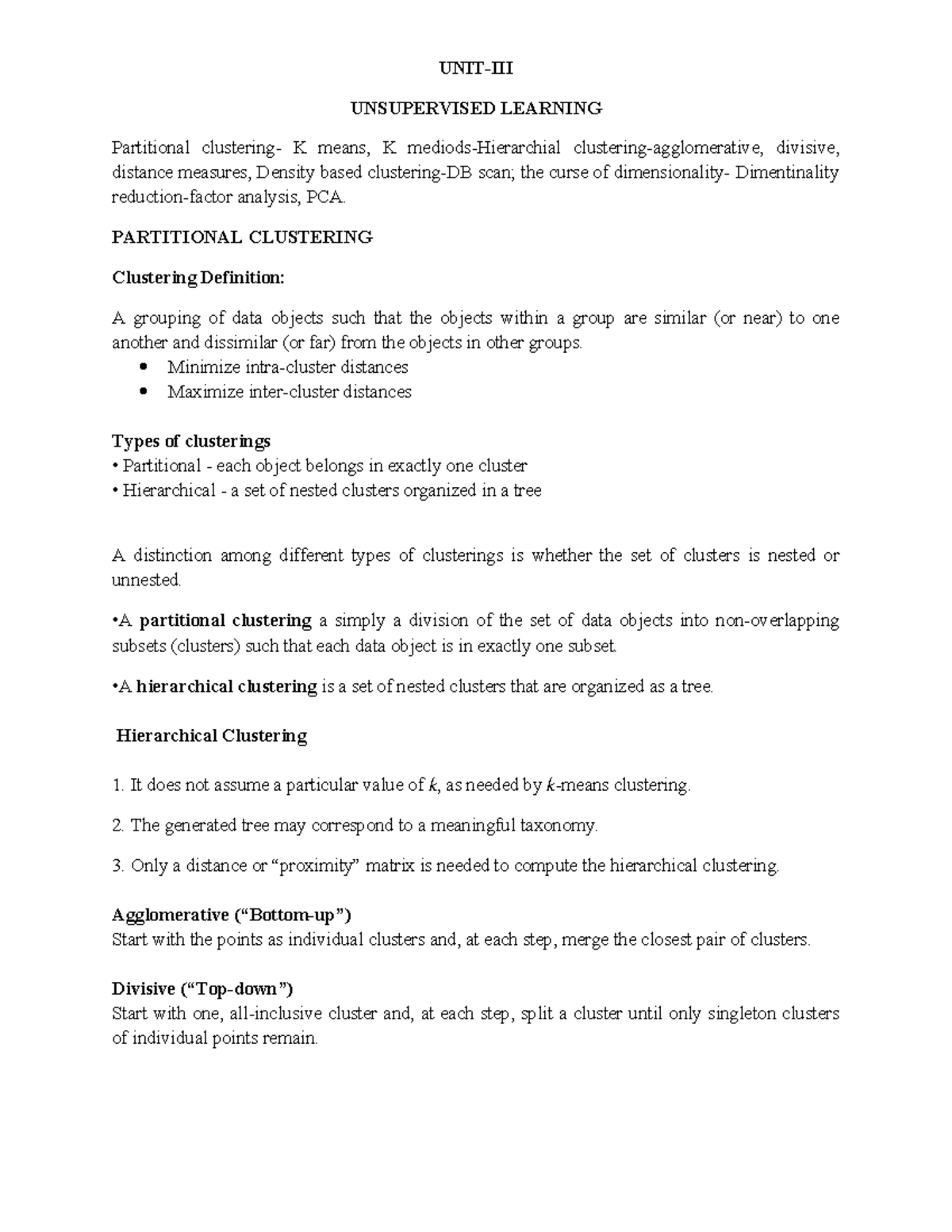 UNIT-III: Lecture Notes on Unsupervised Learning & Clustering ...