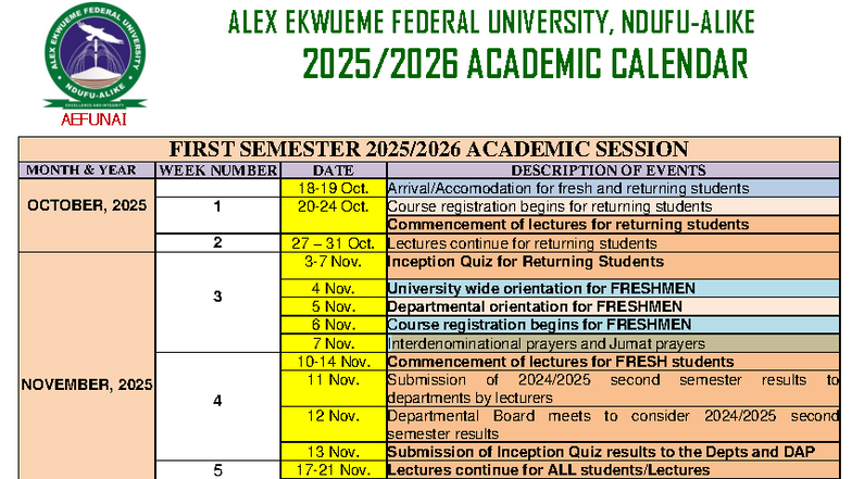AEFUNAI 2025/2026 First Semester Academic Calendar - Studocu