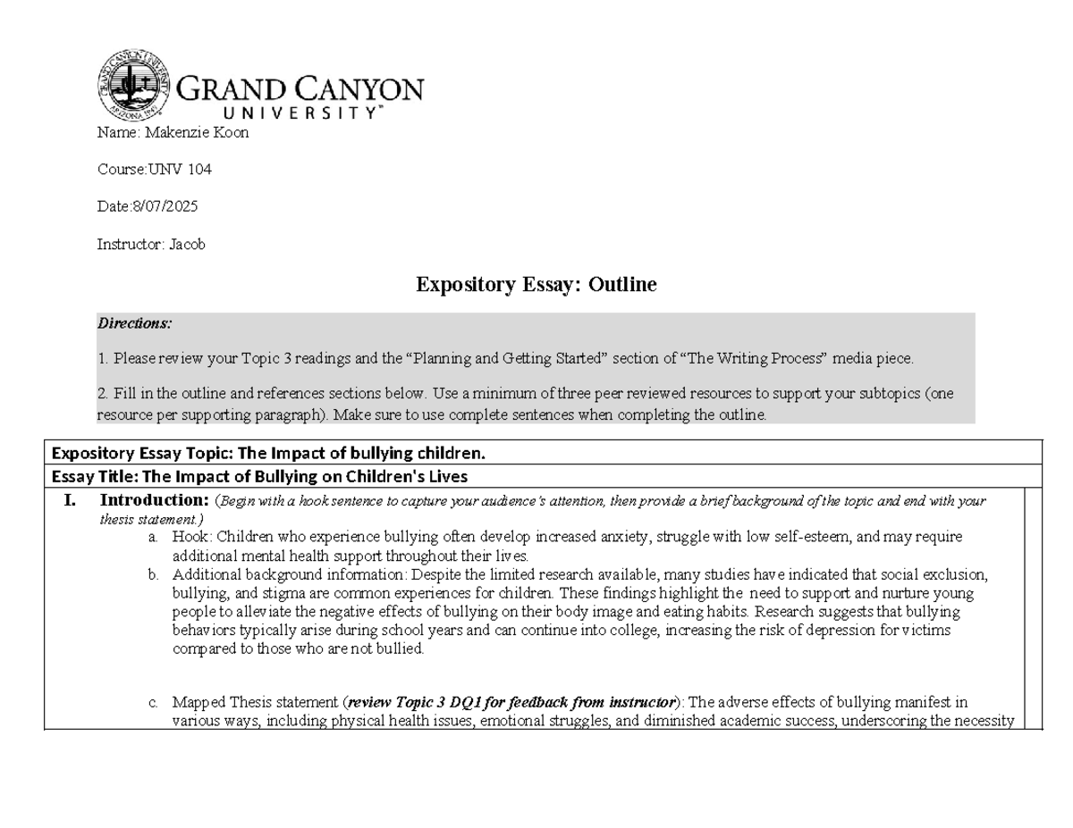 UNV 104 Expository Essay Outline: The Impact of Bullying on Lives - Studocu