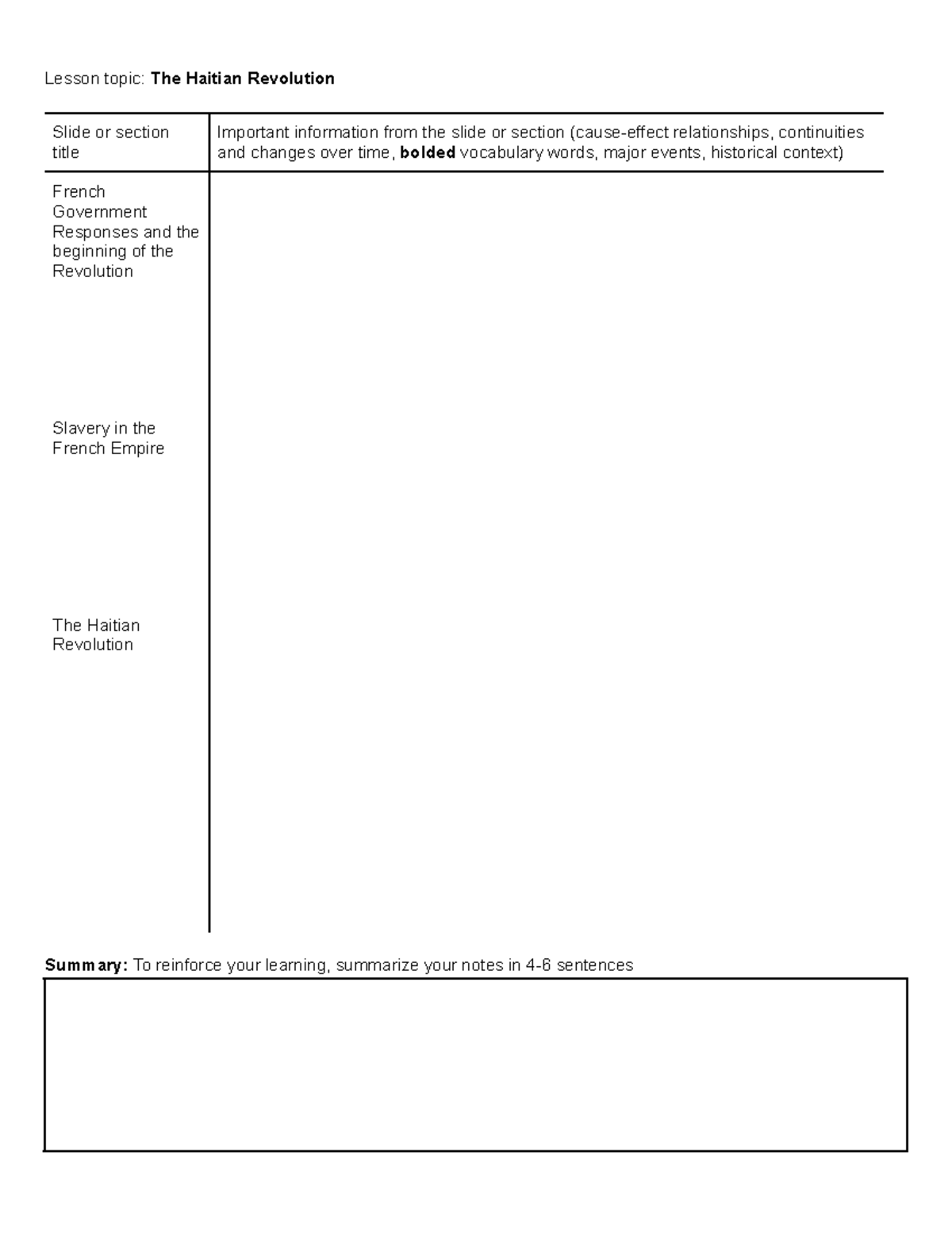 French-Haitian Cornell Notes-4 - Lesson topic: The Haitian Revolution ...